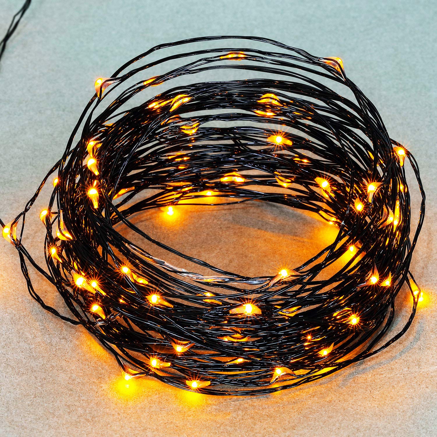 Halloween Yellow Starry Lights,33ft 100 LED Waterproof Silver Wire String Orange Light with USB and 8 Modes Remote Control Time for Halloween Christmas Decor