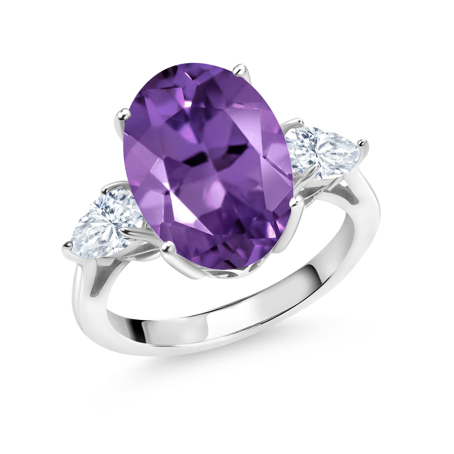 Gem Stone King 7.80 Cttw 925 Sterling Silver Oval Purple Amethyst and White Moissanite 3-Stone Ring For Women | Gemstone Birthstone | Available In Size 5, 6, 7, 8, 9