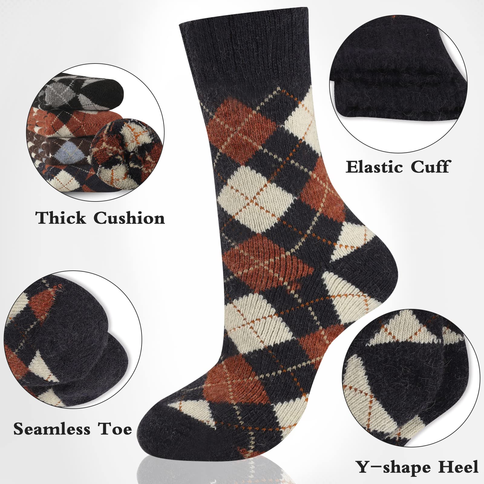 Heatuff Mens Thick Wool Socks Thermal Warm Winter Crew Socks 5 Pairs Multicolors