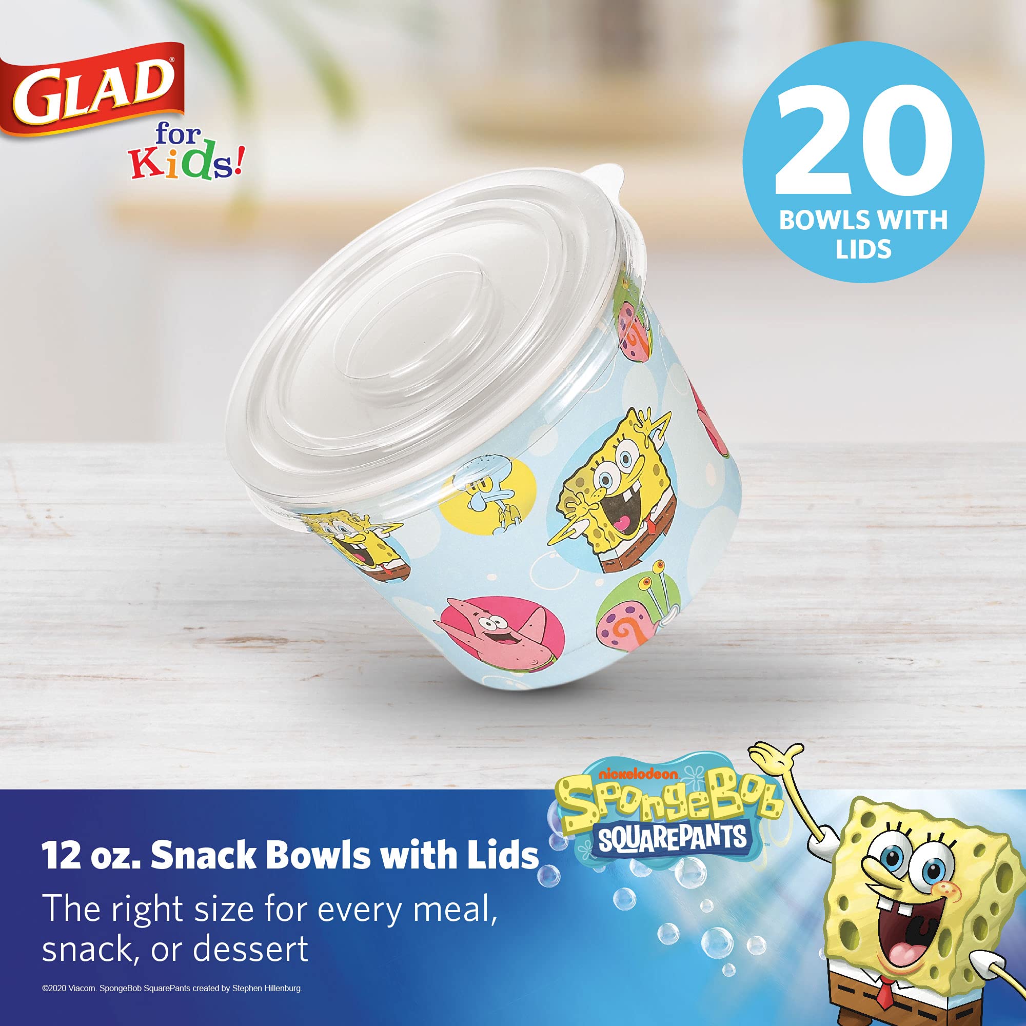 Glad for Kids SpongeBob SquarePants Paper Snack Bowls with Lids, 12oz | Heavy Duty Disposable Soak Proof Microwavable Paper Bowls for Kids and Adults, 20 Count