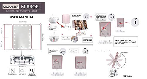 Hansong Makeup Mirror with Lights and Bluetooth - Tri-Fold Vanity Mirror with Magnification (2x/3x/10x), Lighted Mirror with Makeup Organizer Tray,Touch Screen Dimming,Rechargeable