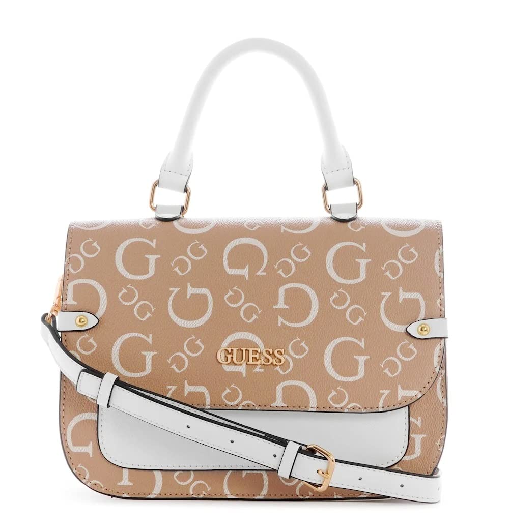 GUESS Women's Keston Caramel Tan Brown Logo Print Crossbody Bag Handbag Purse