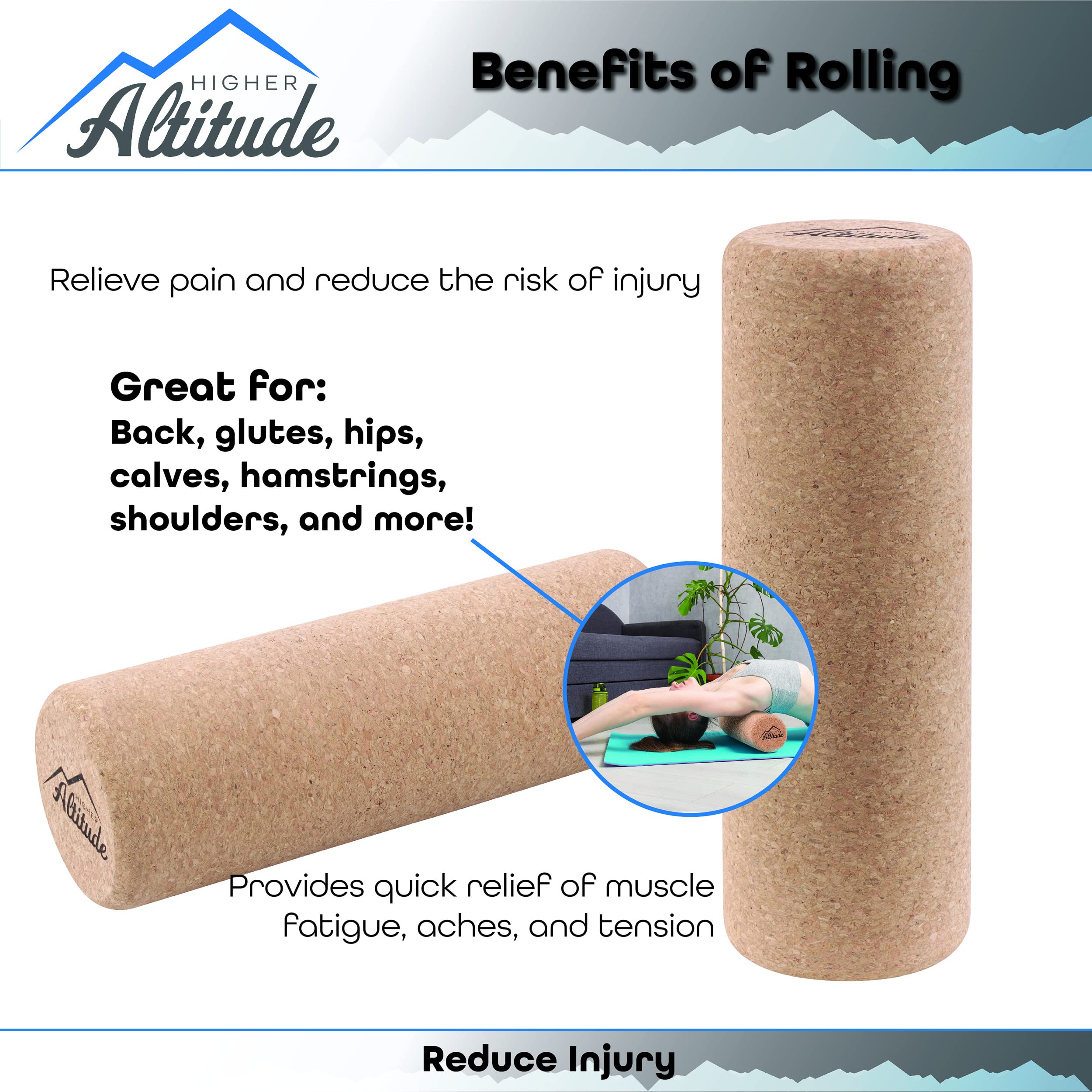 Higher Altitude Yoga Back Roller - 12 x 3.8in Full Body Cork Gym Muscle Roller for Relieving Muscle Knots and Tension