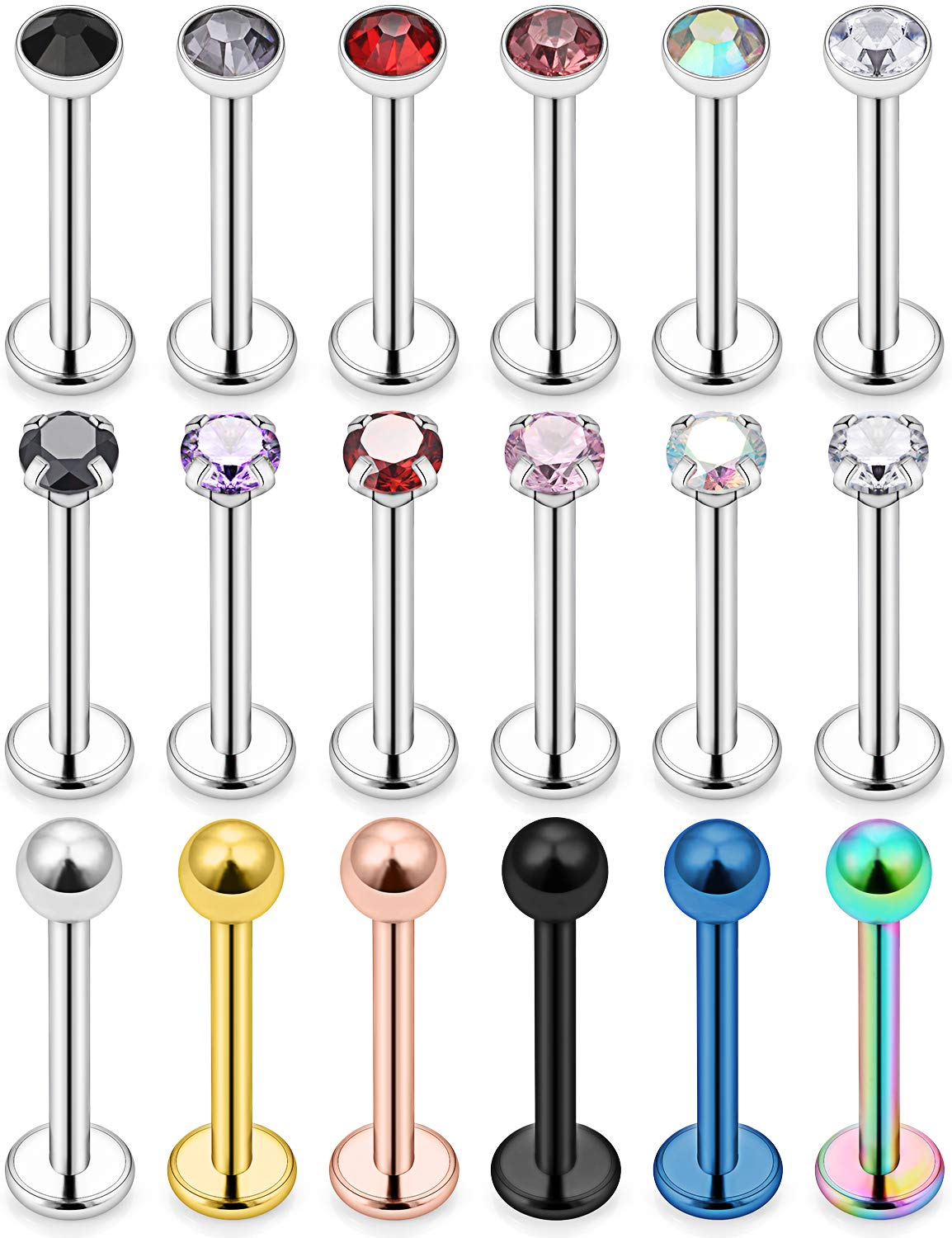 Ftovosyo 18Pcs 16G Forward Helix Cartilage Tragus Earring Studs Surgical Steel Internal & External Threaded Labret Lip Monroe Ring Barbell Body Piercing Jewelry for Women Men 8mm(5/16 Inch)