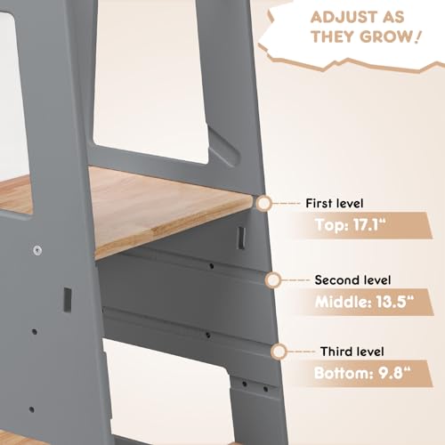 HARPPA Toddler Kitchen Stools Helper with Adjustable Height and Anti-Slip Protection, Kids Standing Tower with Safety Rail, Toddlers Step Stool with Learning Chalkboard Gray