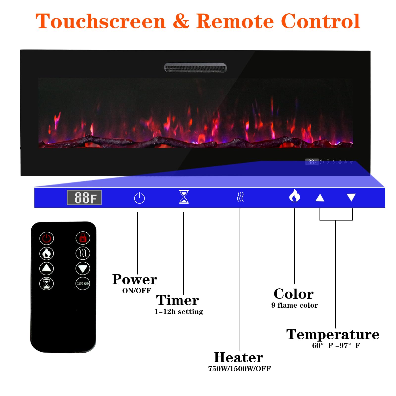 Hello.Dr 50" Ultra-Thin Electric Fireplace Recessed and Wall Mounted - Touch Screen & Remote Control with 12h Timer - Realistic 9 Color Flame and 5 Brightness - Log & Crystal Options,750/1500W