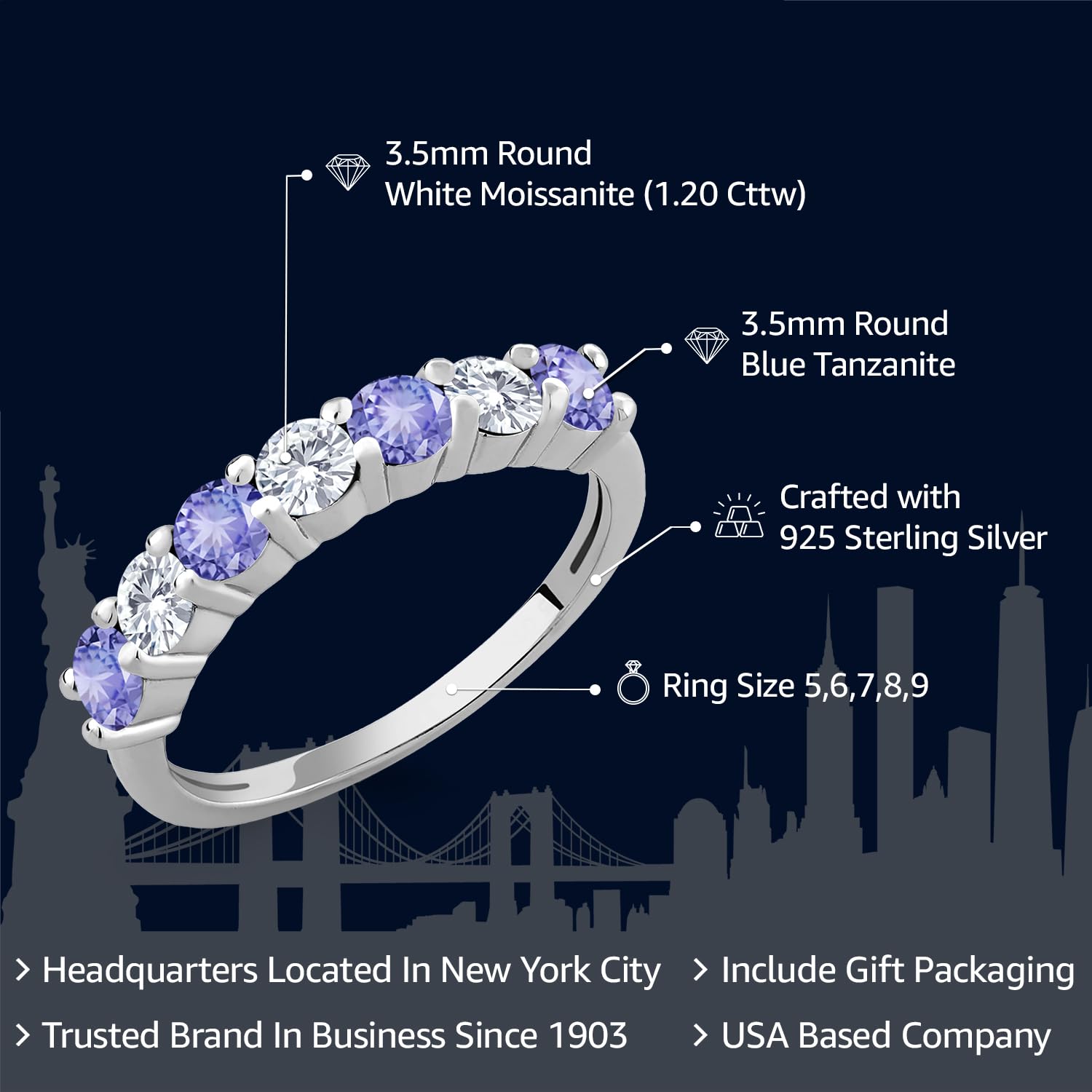 Gem Stone King 925 Sterling Silver Gemstone Birthstone and White Moissanite Wedding Band Engagement Anniversary Ring | Round 3.5MM | 7 Stone Promise Ring For Women
