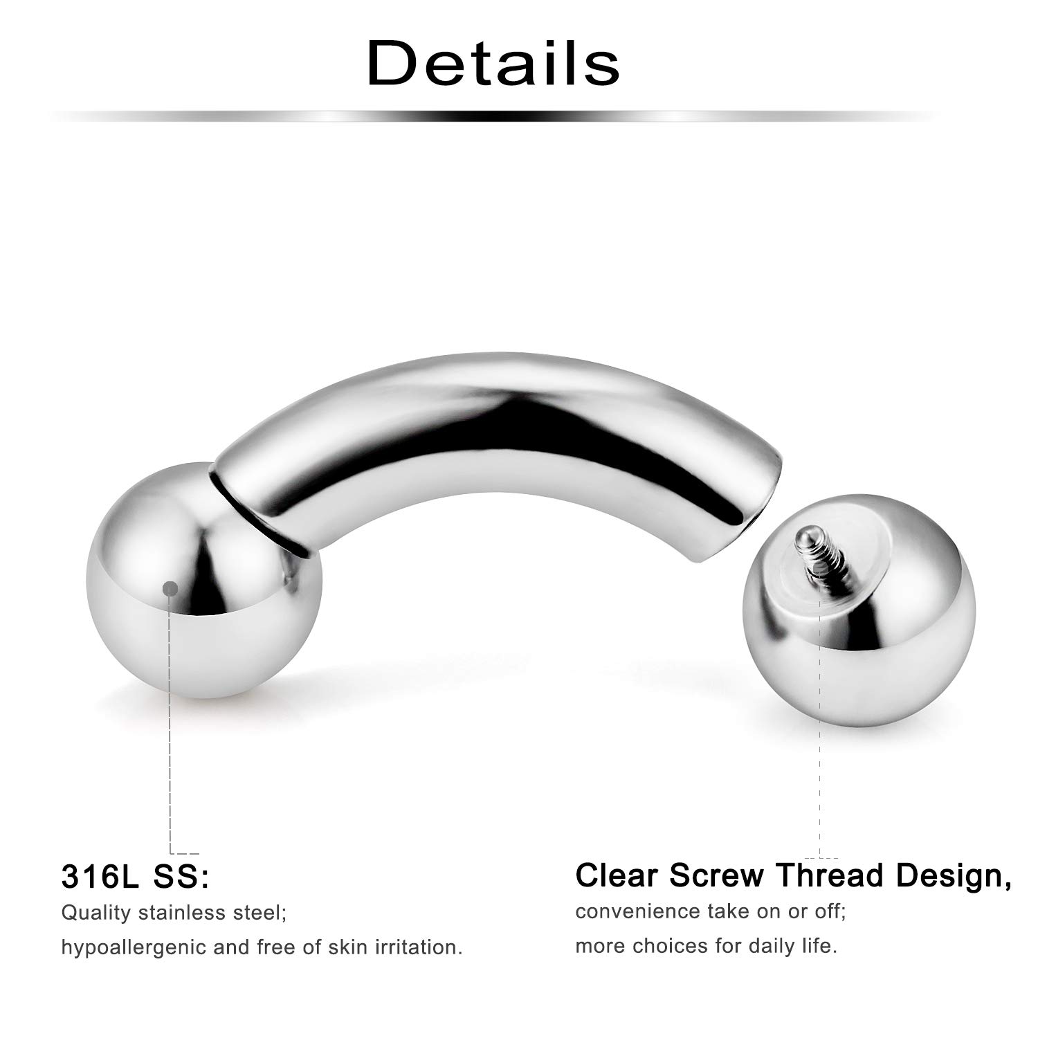 Ftovosyo 2PCS PA Ring Curved Barbell Internally Threaded Monster Screwball Rings 316L Surgical Steel Pierced Body Jewelry 8G 16mm