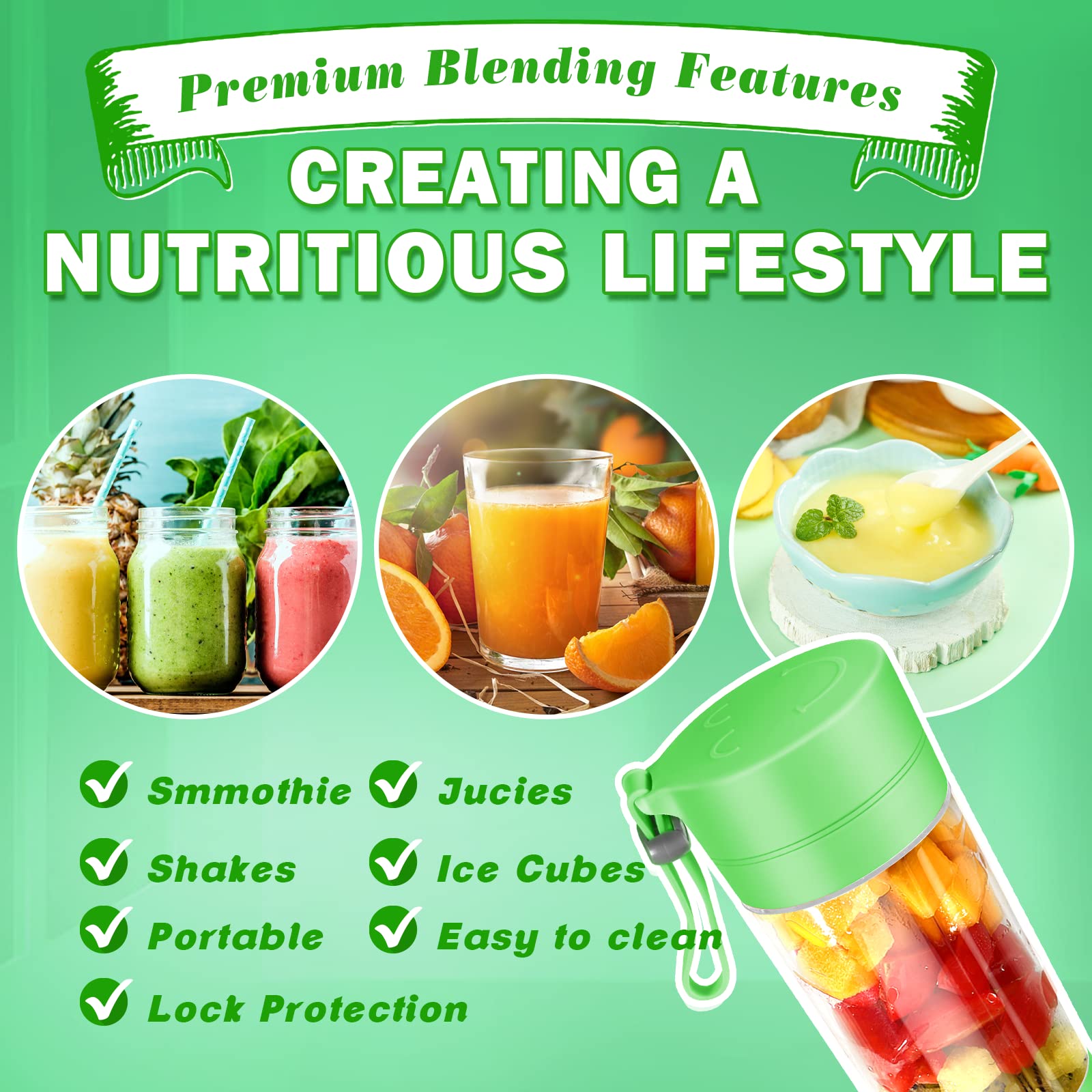 Geohee Portable Blender for Shakes and Smoothies,6 Blades Juicer Cup for USB Rechargeable,Personal Blender with One Touche Operation,Blender Shake Smoothie for Kitchen,Travel and Sport