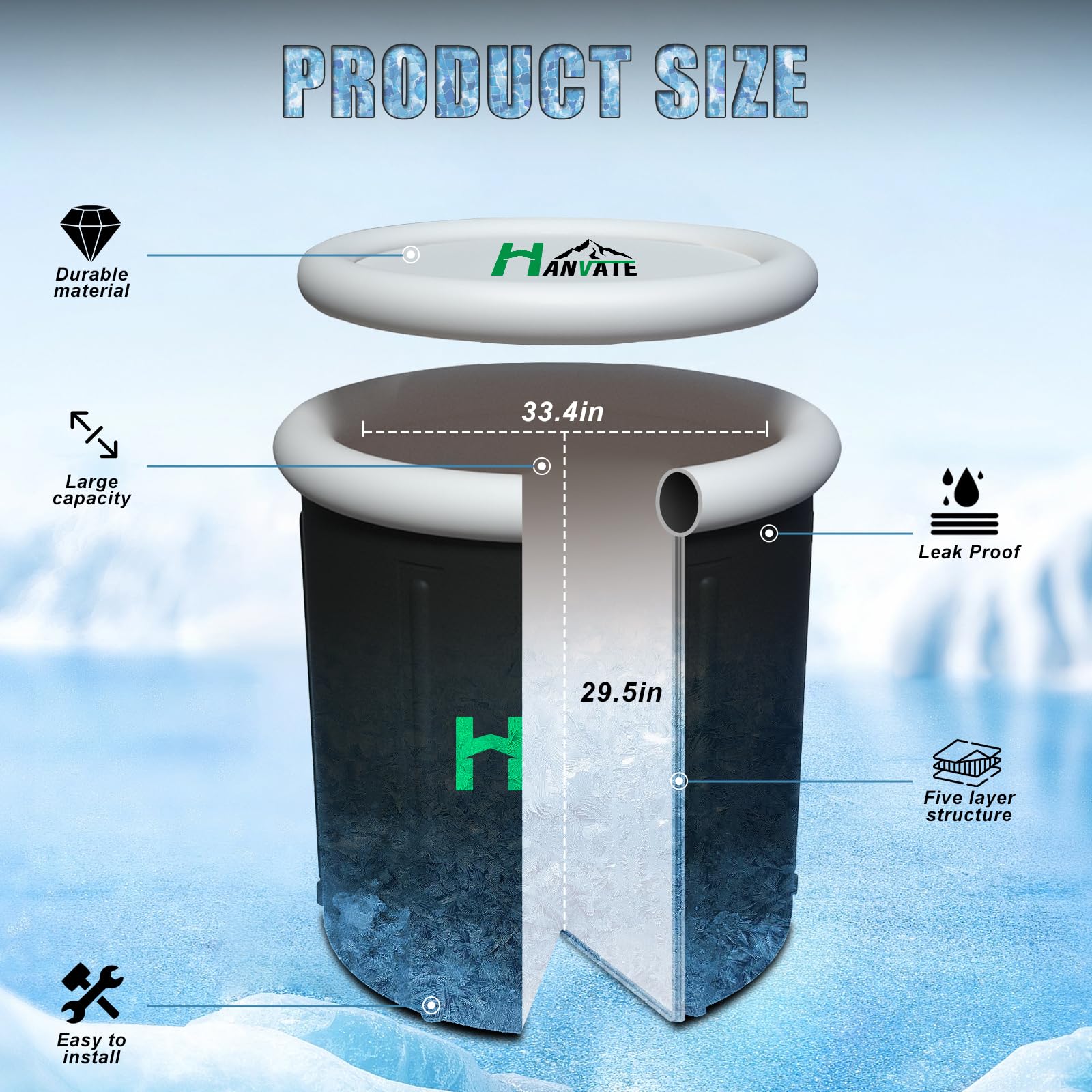 hanvate Large Ice Bath Tub Outdoor for Recovery, Cold Plunge Chiller for Athletes Cold Water Therapy, Easy Install Portable Ice Bath Plunge Pool with 2-Dustproof Cover for Ice Bath/Soaking/Spa