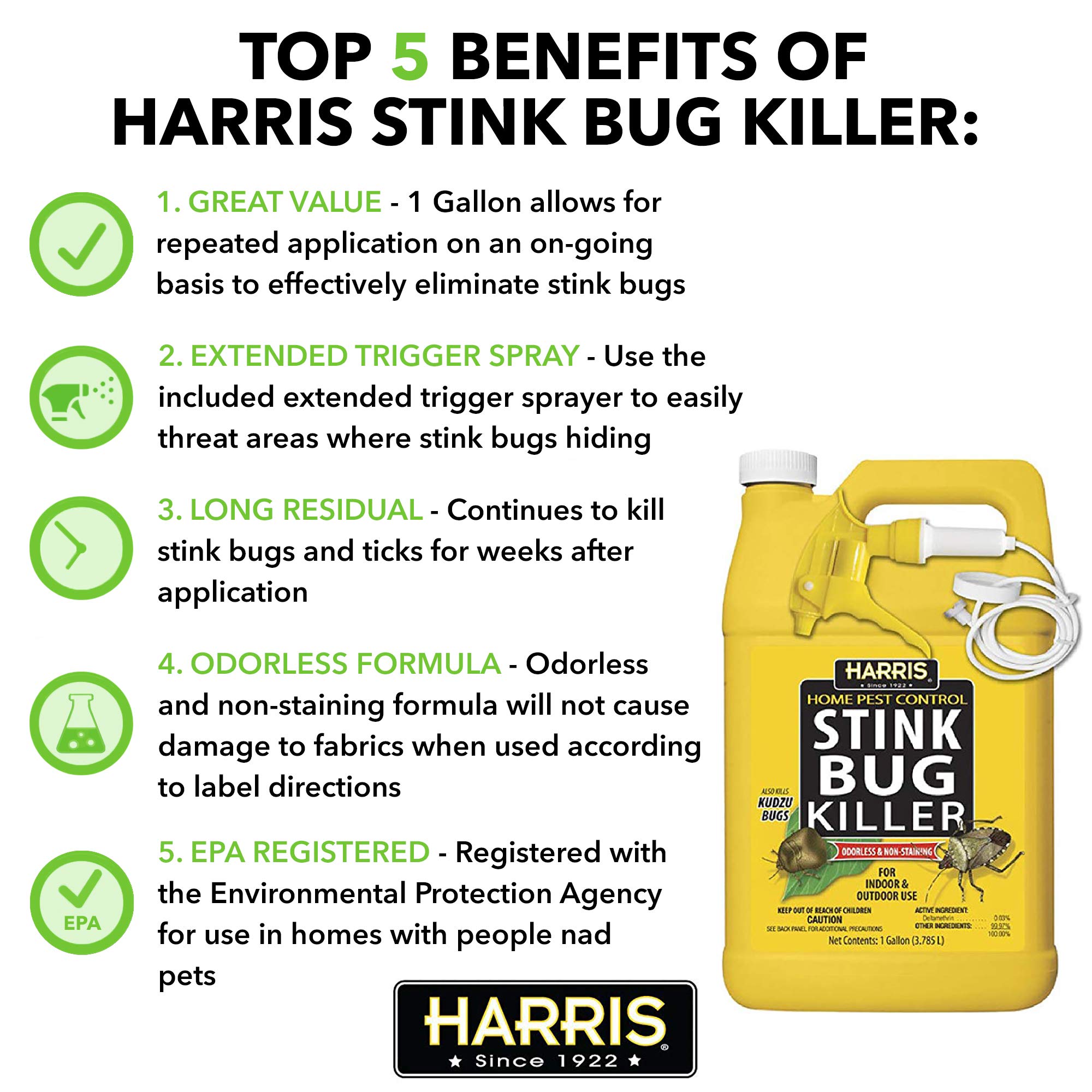 Harris Stink Bug Killer, Liquid Spray with Odorless and Non-Staining Extended Residual Kill Formula with Funnel and Sprayer (Gallon)
