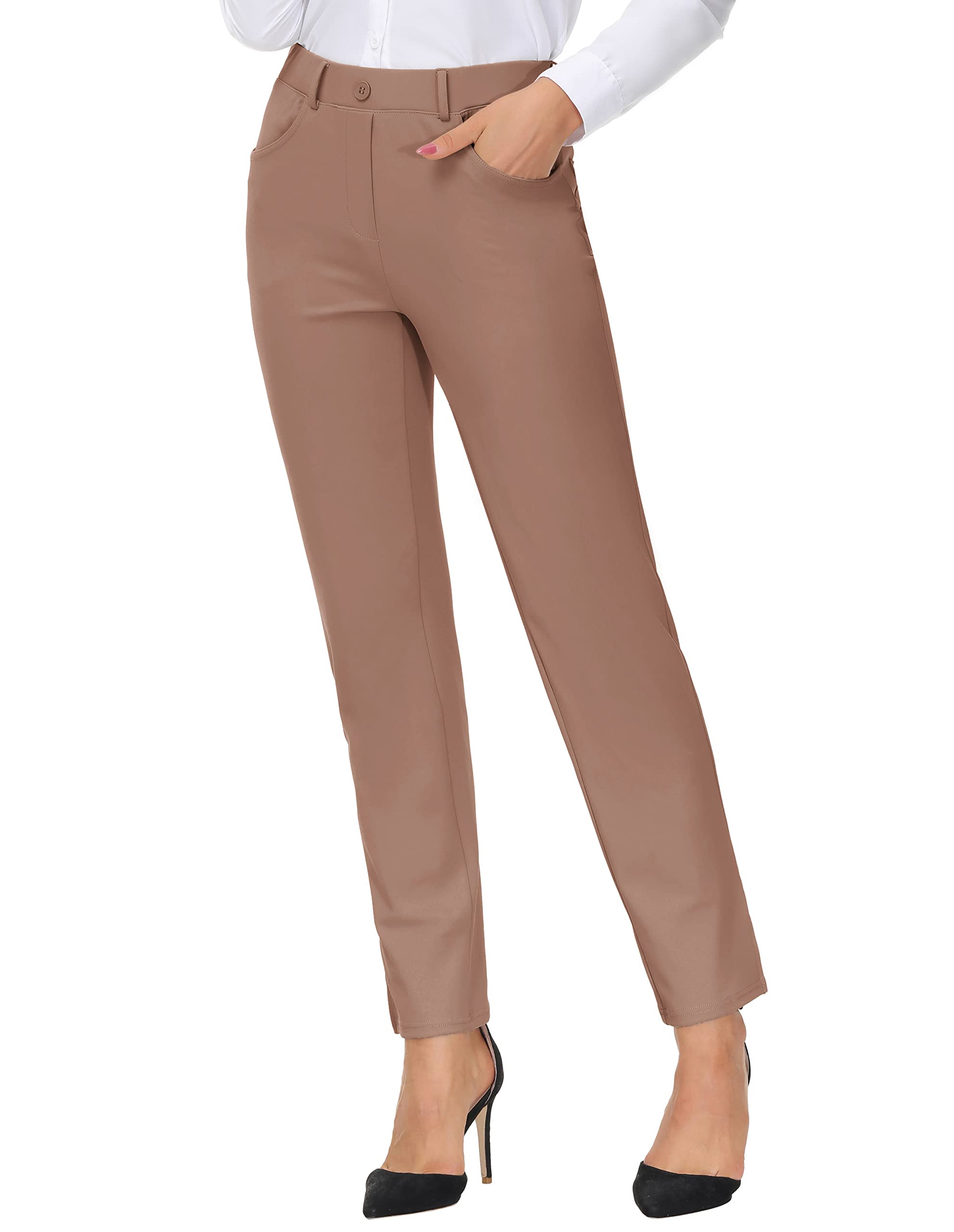 JACK SMITH Women Stretchy Straight Leg Yoga Dress Pants Elastic for Office Work Brown 2XL