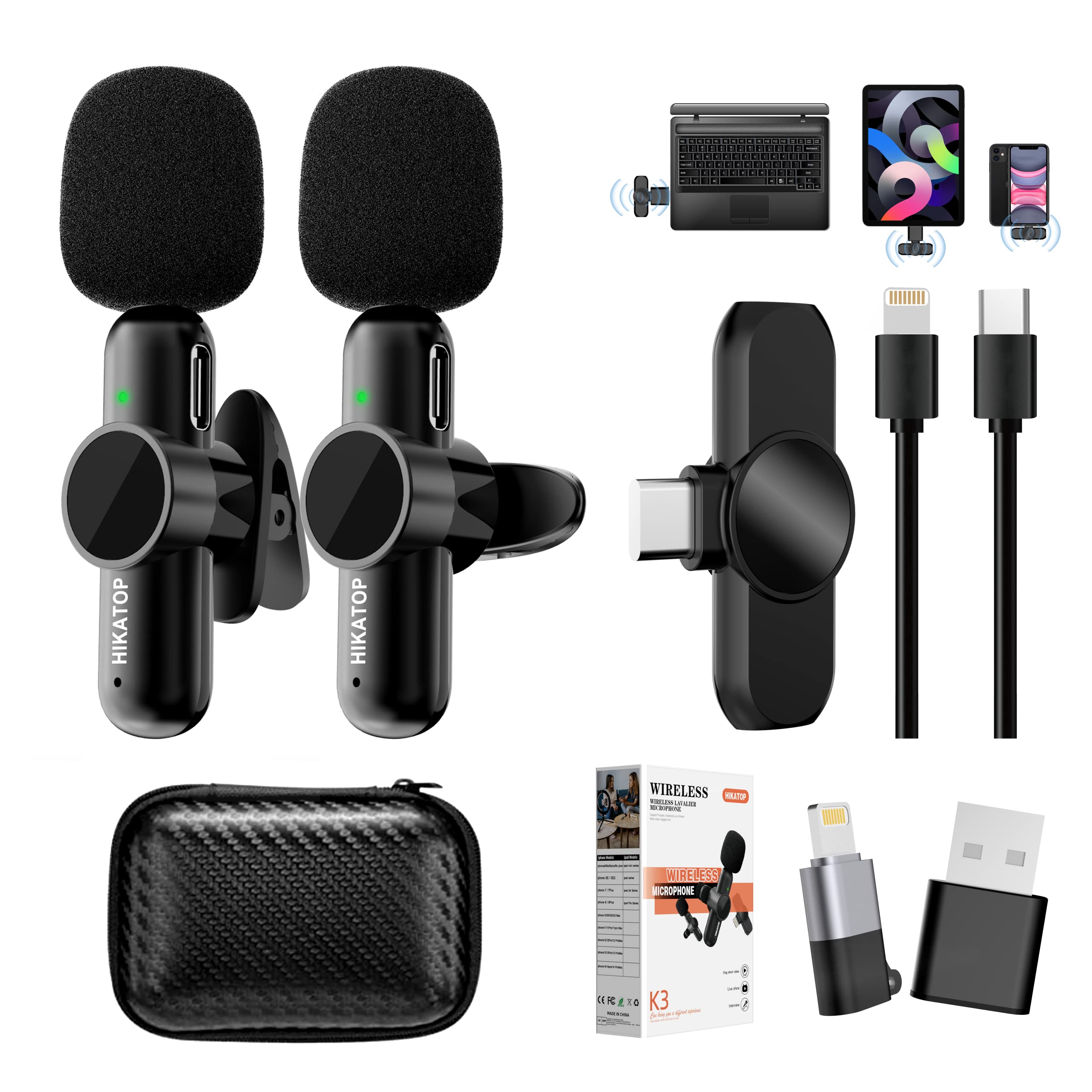 HIKATOP Wireless Lavalier Microphone for iPhone, Android, PC, Lapel Microphone System, Clip on Mics for Video Recording, Vlogging, Streaming