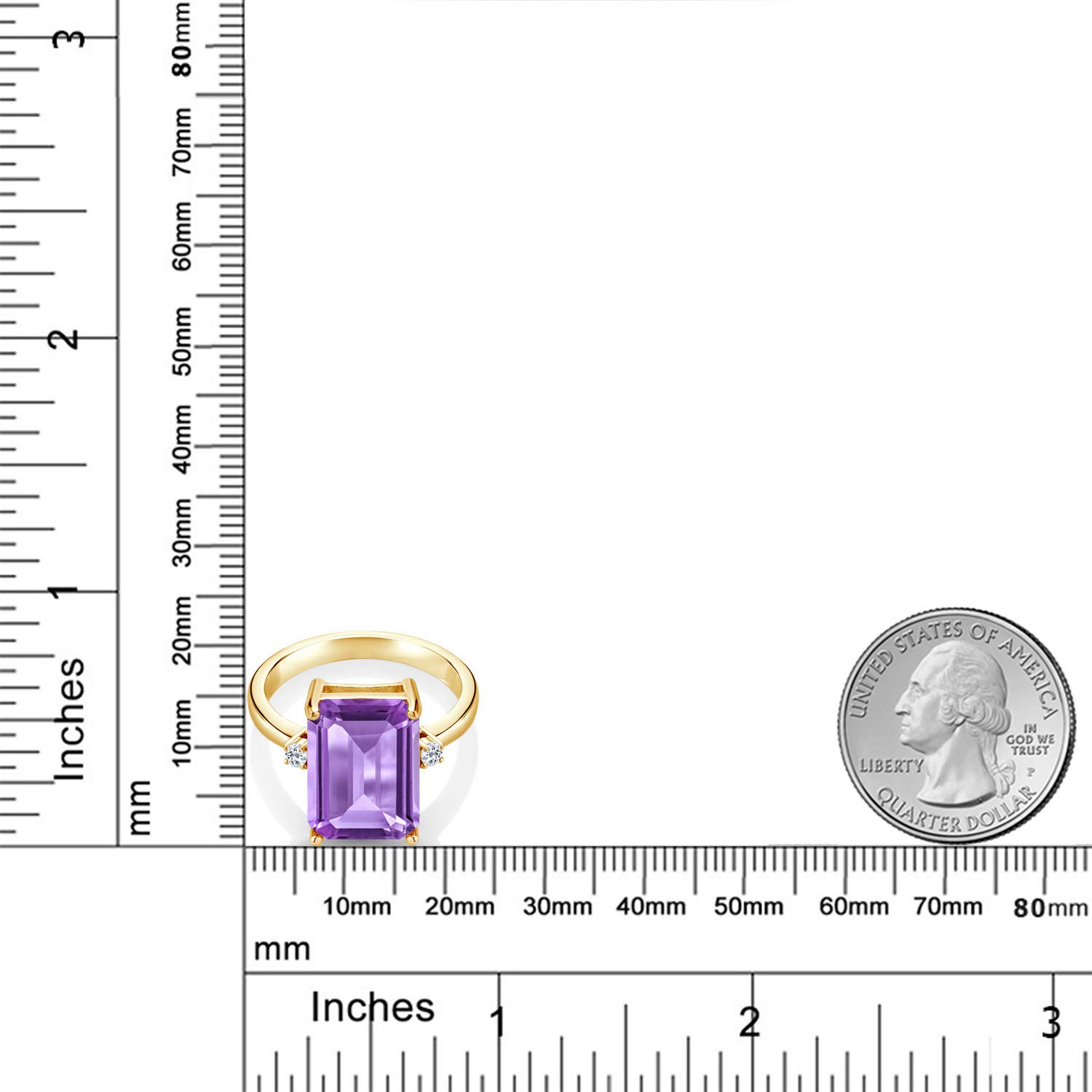 Gem Stone King 18K Yellow Gold Plated Silver Purple Amethyst and White Topaz Ring For Women (7.28 Cttw, Emerald Cut Checkerboard 14x10MM, Gemstone February Birthstone, Available In Size 5, 6, 7, 8, 9)