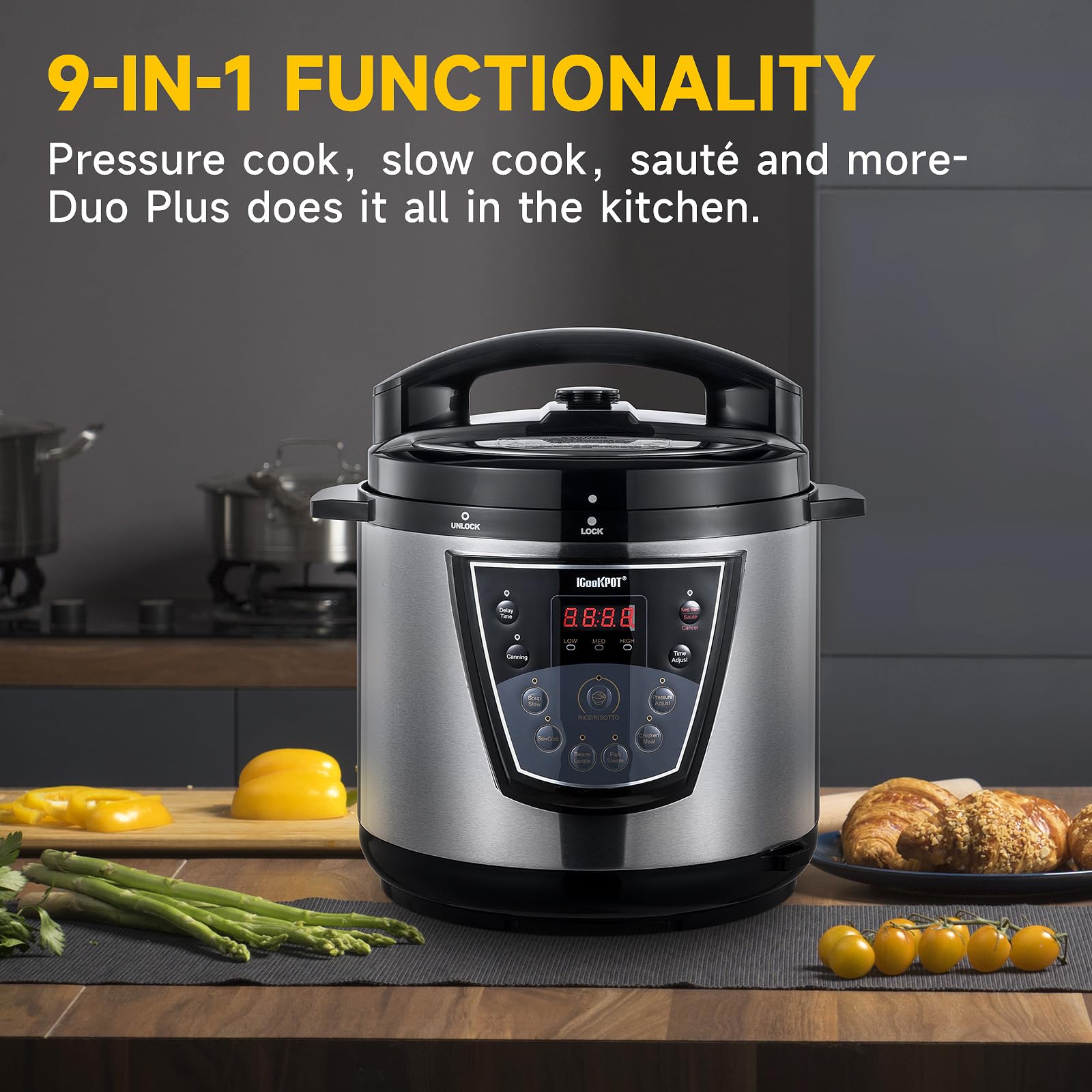 ICOOKPOT 9 in 1 Electric Pressure Cooker,Slow Cook,Rice/Grain Cooker,Steamer,With Non-Stick Coating Inner Pot,Stainless Steel,6 Quart
