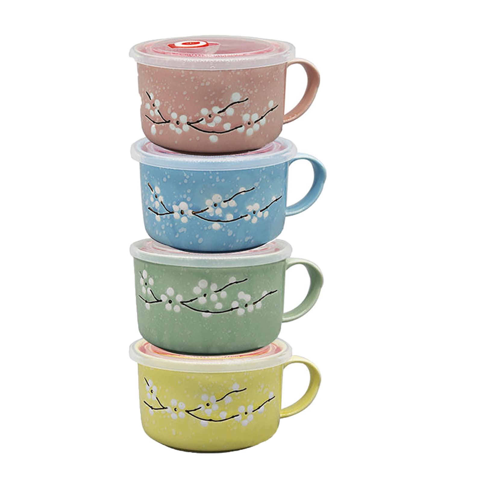 GQHNLUP 4 Pack 30oz Ceramic Bowl with Lid and Handle,Cherry Blossoms Among Snow Flake Pattern,Floral Handpainted Stoneware Bowl for Microwave Dishwasher