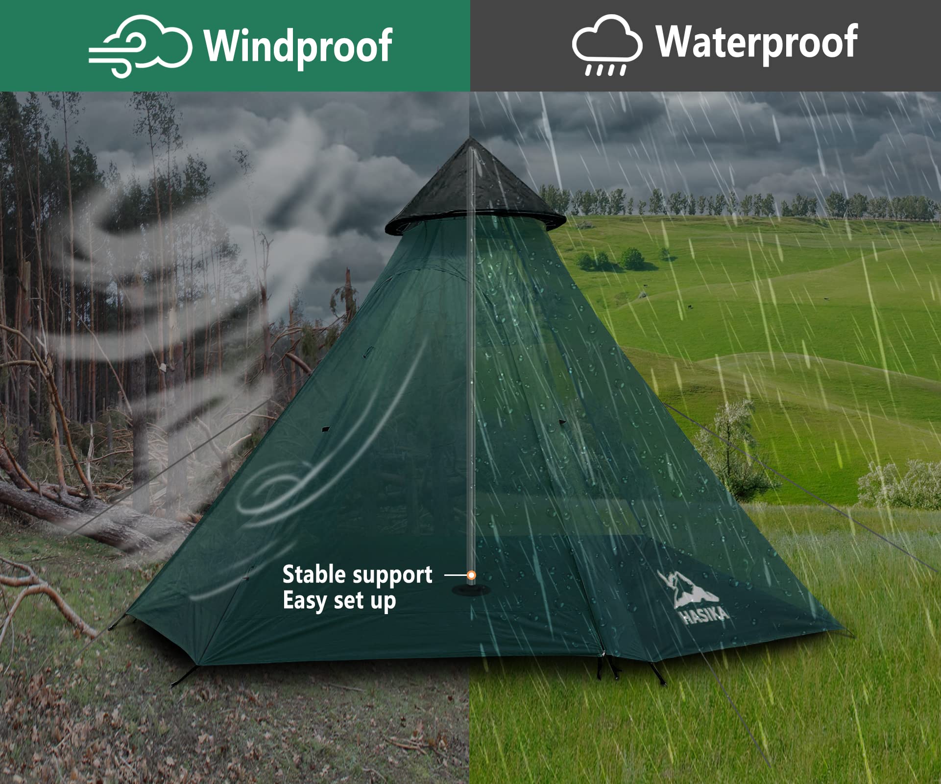 Hasika 4 Person Camping Tent Teepee Tent with Screen Netting and Rainfly Easy Set Up Waterproof Windproof Large Space 12x10ft