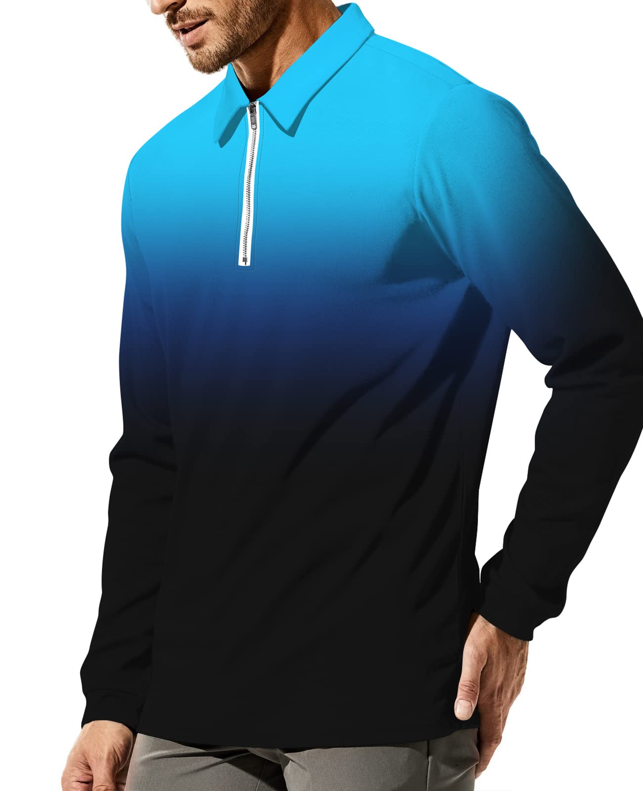 Hodaweisolp Mens Long Sleeve Zipper Casual Art Collection Gradient Abstract Striped Element Pattern Lapel Print Golf Polo Shirts-XXL