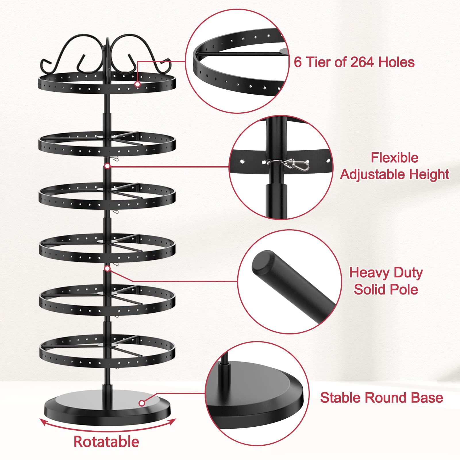 iDavosic.ly 6 Tier Metal Rotating Earring Holder Organizer, 264 Holes Earring Storage Display Tower Rack, Adjustable Earring Tree Organizer for Women Girl (Black)