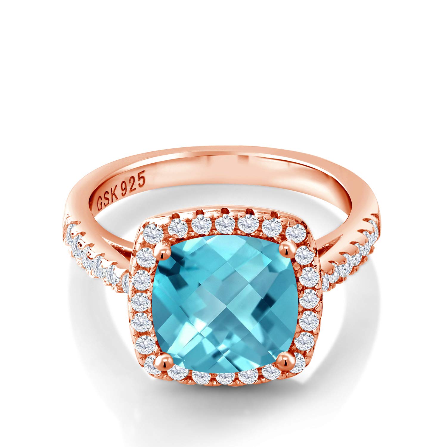 Gem Stone King 3.25 Ct Cushion Checkerboard Swiss Blue Topaz White Created Sapphire 18K Rose Gold Plated Silver Ring (Size 7)