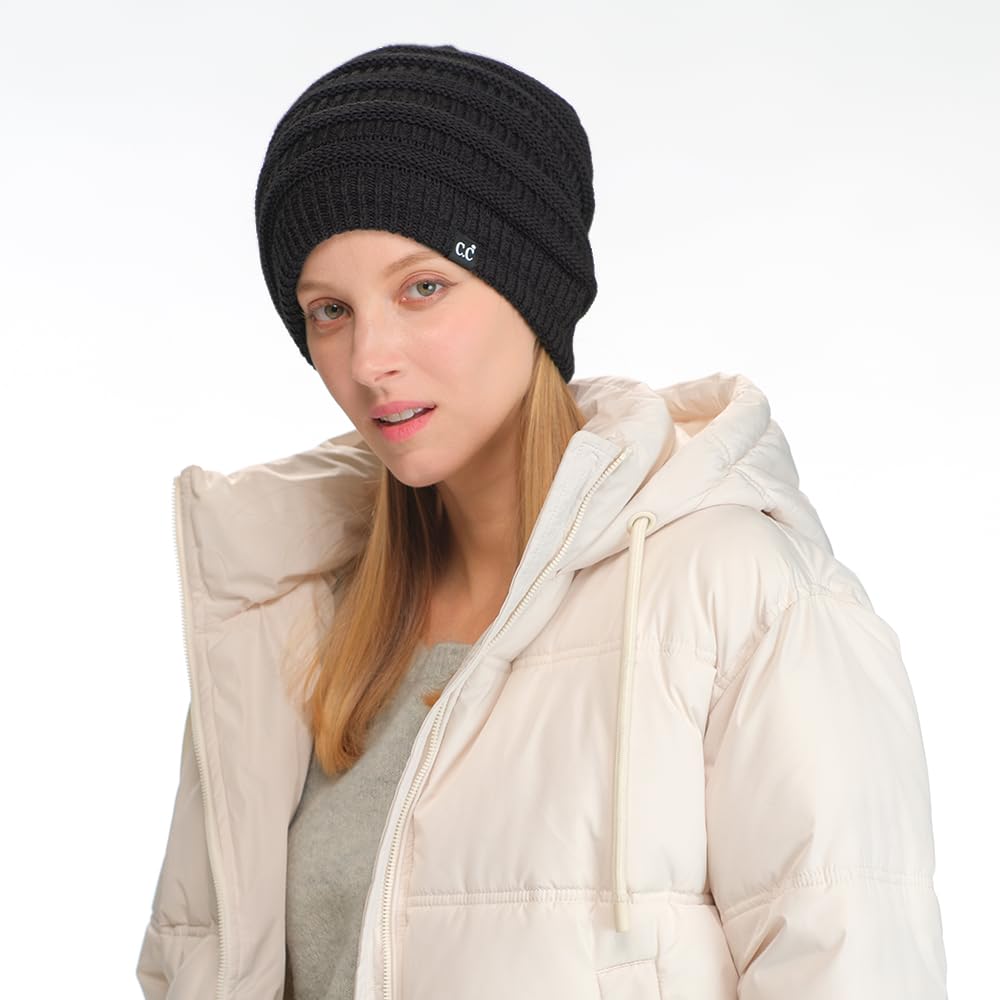 Heavy Fuzzy Lined Stretchy Cold Weather Toboggan Cap Stocking Slouchy Oversized Winter Knit Beanie for Men and Women Black