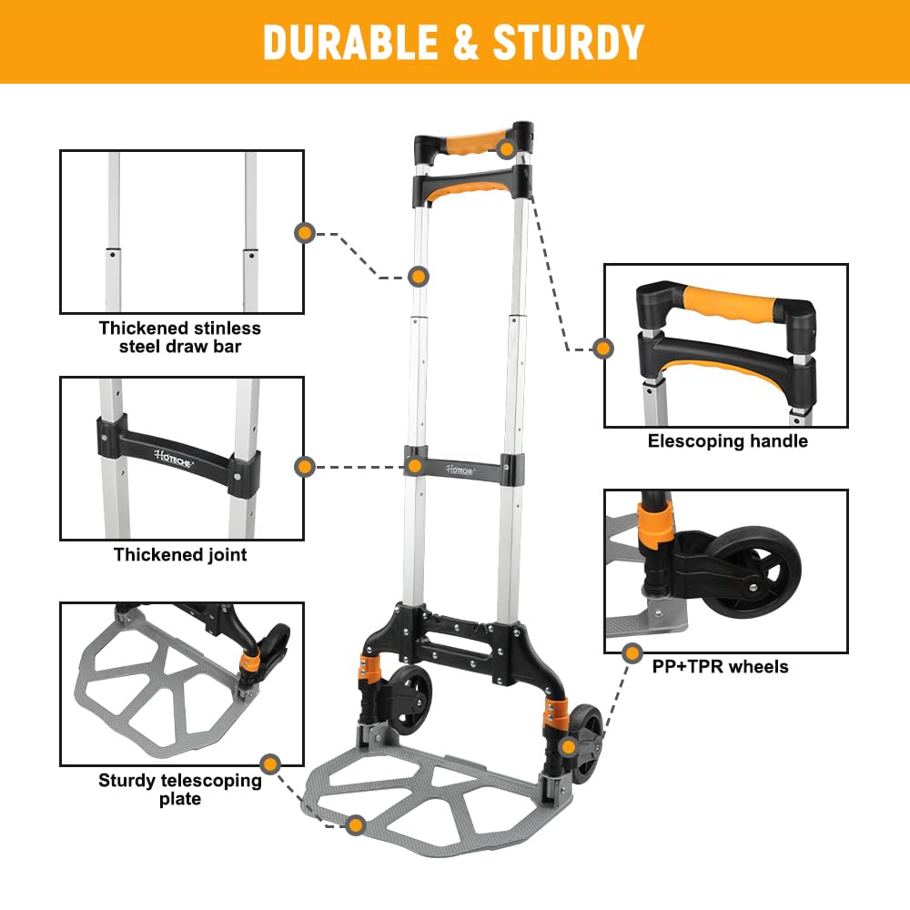Hoteche Folding Hand Truck - 165Lbs Portable Heacy Duty Cart Dolly - Utility Luggage Cart with Adjustable Handle and PP+TPR Wheels