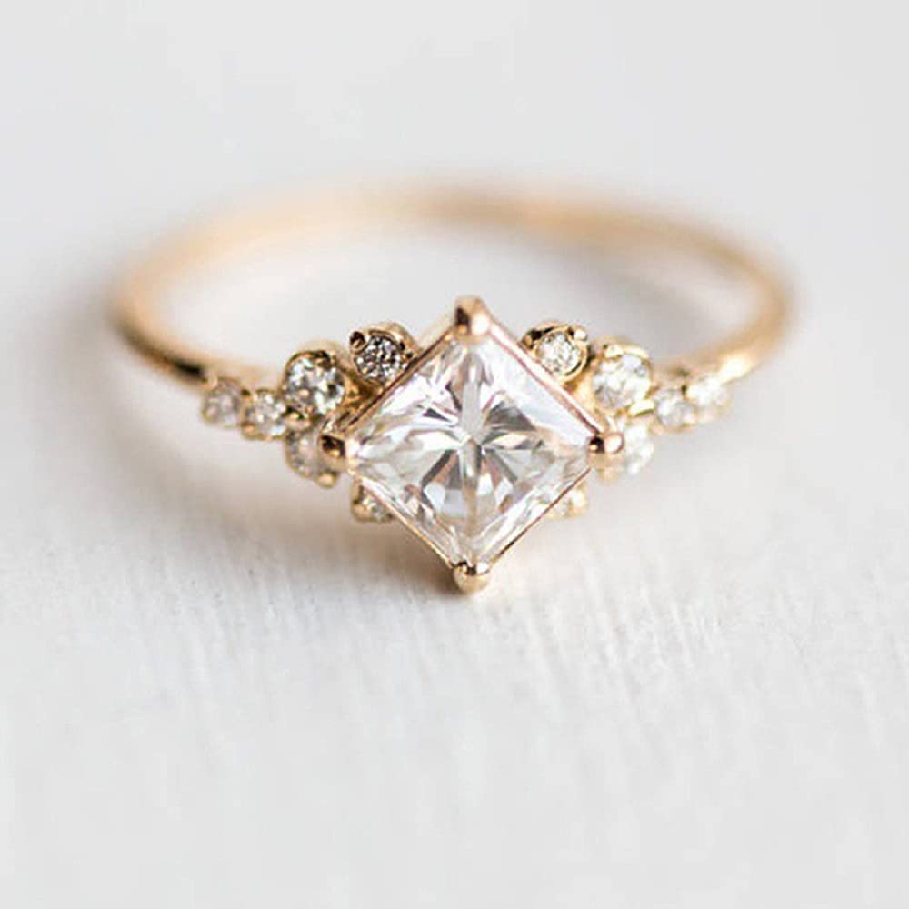 GUIDECUN Simple Yellow Gold Plated White Princess Cushion Cut CZ Tiny Ring Women's Engagement Jewelry Gifts for her (US Size 7)