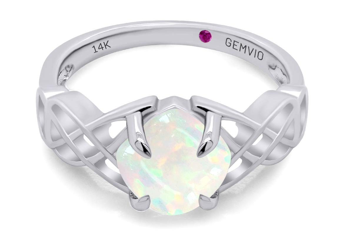 Gemvio Collection 1 CTTW 7MM Cushion Cut Natural Opal Gemstone Solitaire Celtic Knot Promise Engagement Ring In 14K Solid White Gold Jewelry For Women Ring Size-8