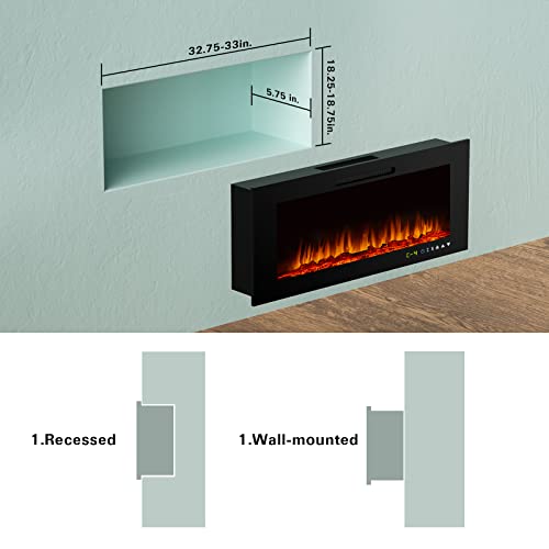 Hykolity 36 inch Electric Fireplace Inserts, 750/1500W Recessed and Wall Mounted Electric Fireplace, Electric Wall Fireplace Heater with Remote Timer, Touch Screen, Log/Crystal Hearth Options