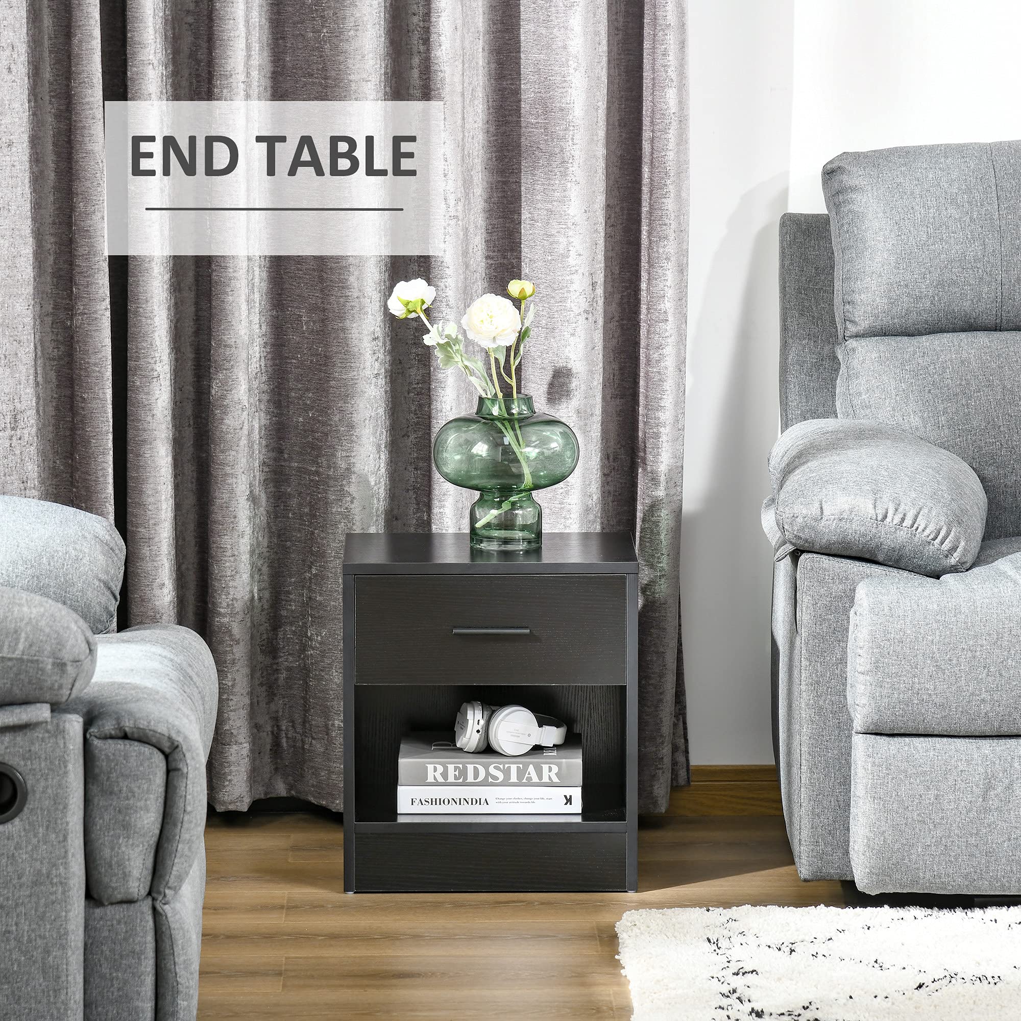 HOMCOM Modern Accent End Table with Drawer and Storage Shelf, Sofa Side Table for Living Room, White Wood Grain