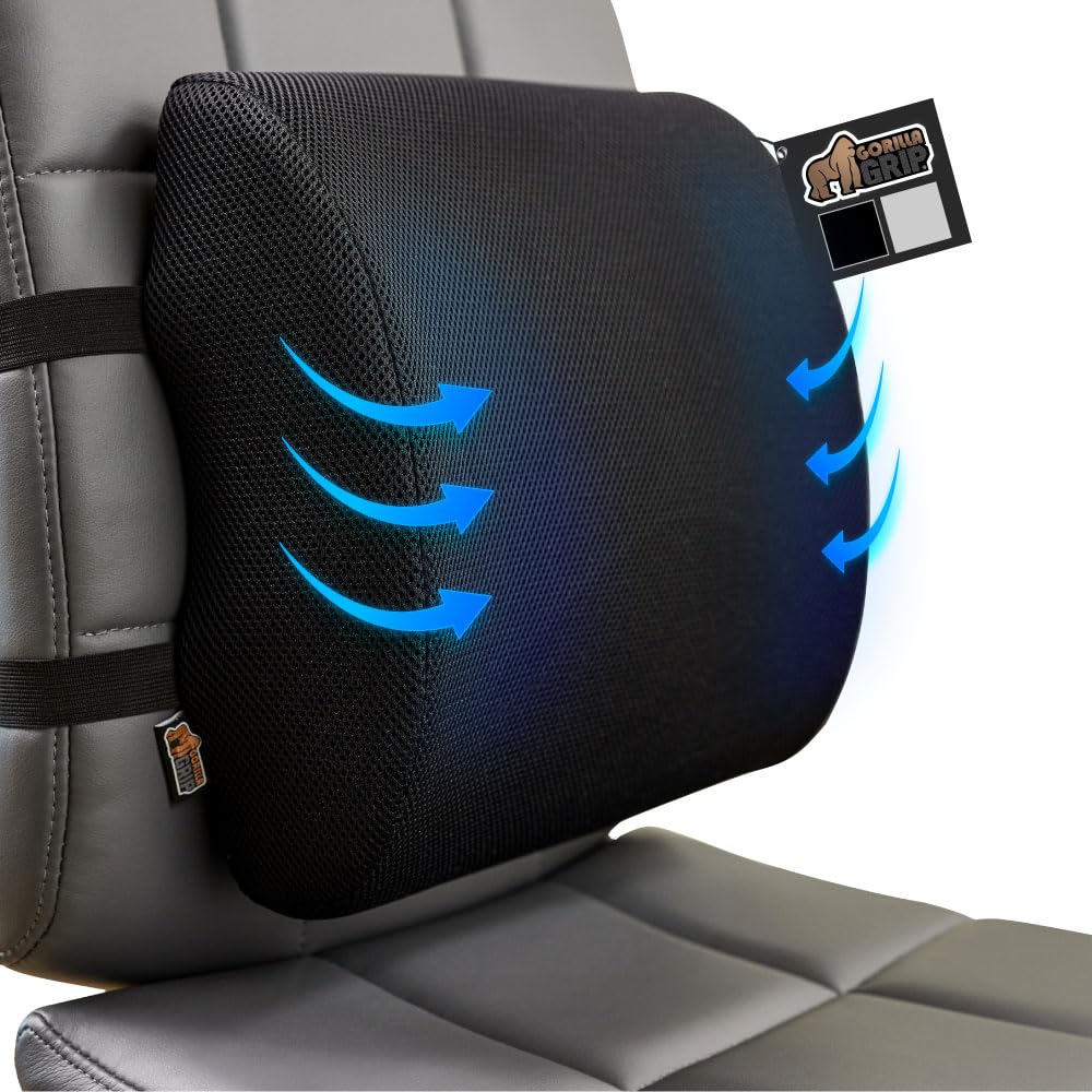 Gorilla Grip Lumbar Silicone Dot Grips to Stay in Place Support Pillow for Office Chair, Sculpting Memory Foam, Ergonomic Cushion for Lower Back Relief, Adjustable Strap, Backrest for Car Seat, Black