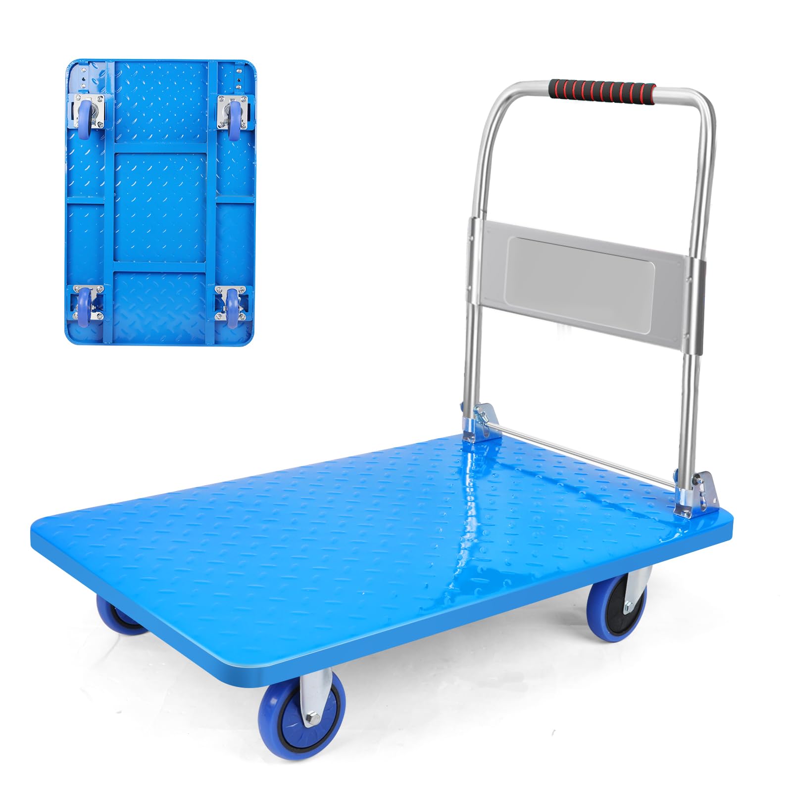 Heavy Duty Platform Truck Folding Flatbed Dolly with 330lb Weight Capacity and 360 Degree Swivel Wheels, for Loading and Moving,Silver (Blue)