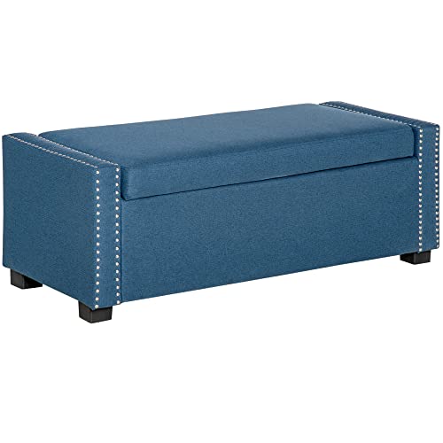 HOMCOM Nailhead Trim Upholstered Flip Top Storage Bench, Fabric Ottoman for Bedroom, or Living Room, Blue