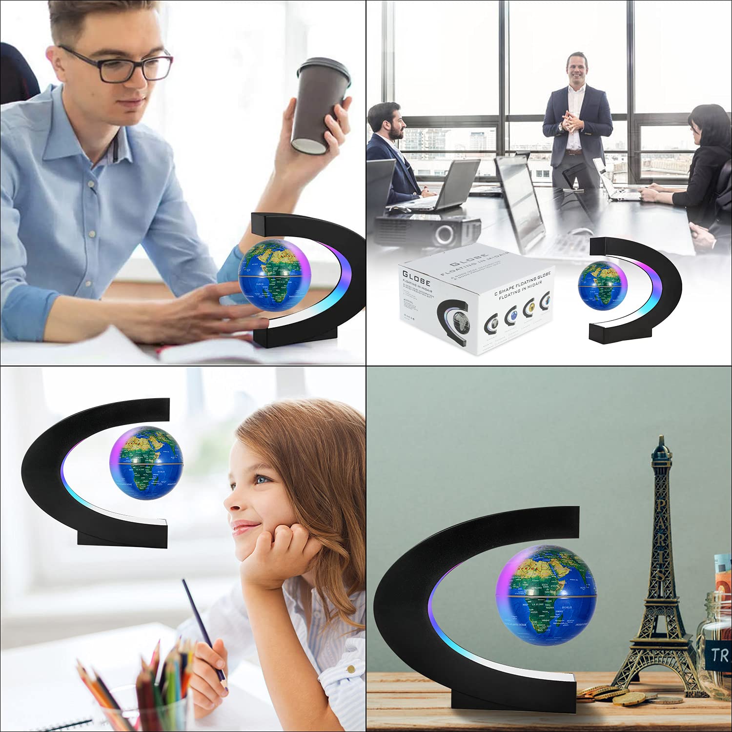 Gresus Auto-Rotate Magnetic Levitation Floating World Map Globe with C Shape Base, Floating Globe with LED Lights, Great Fathers Students Business Boyfriend Birthday Gift for Desk Decoration (Blue)