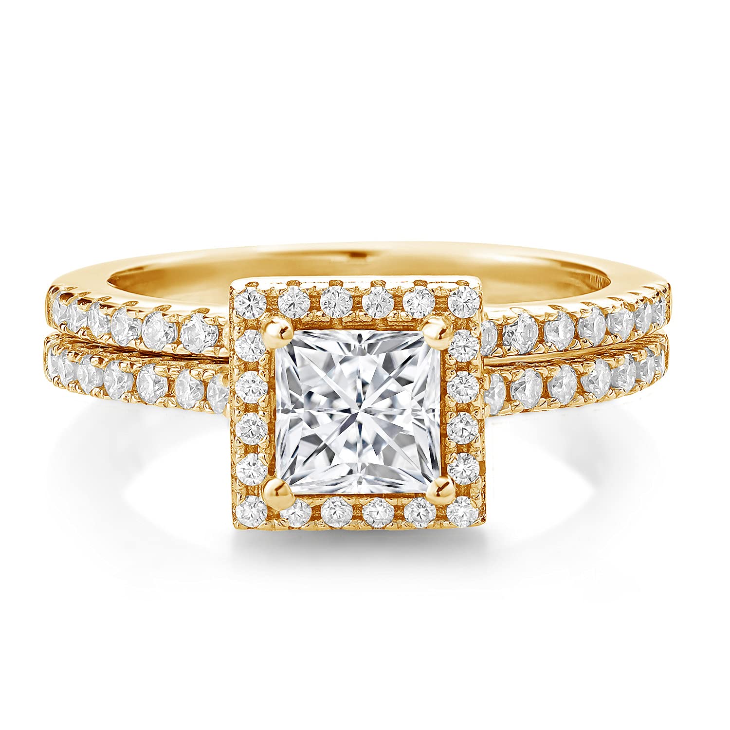 Gem Stone King 18K Yellow Gold Plated Silver White Moissanite Engagement Wedding Engagement Ring Band Bridal Set For Women (1.36 Cttw, Gemstone, Princess 5MM, Size 9)