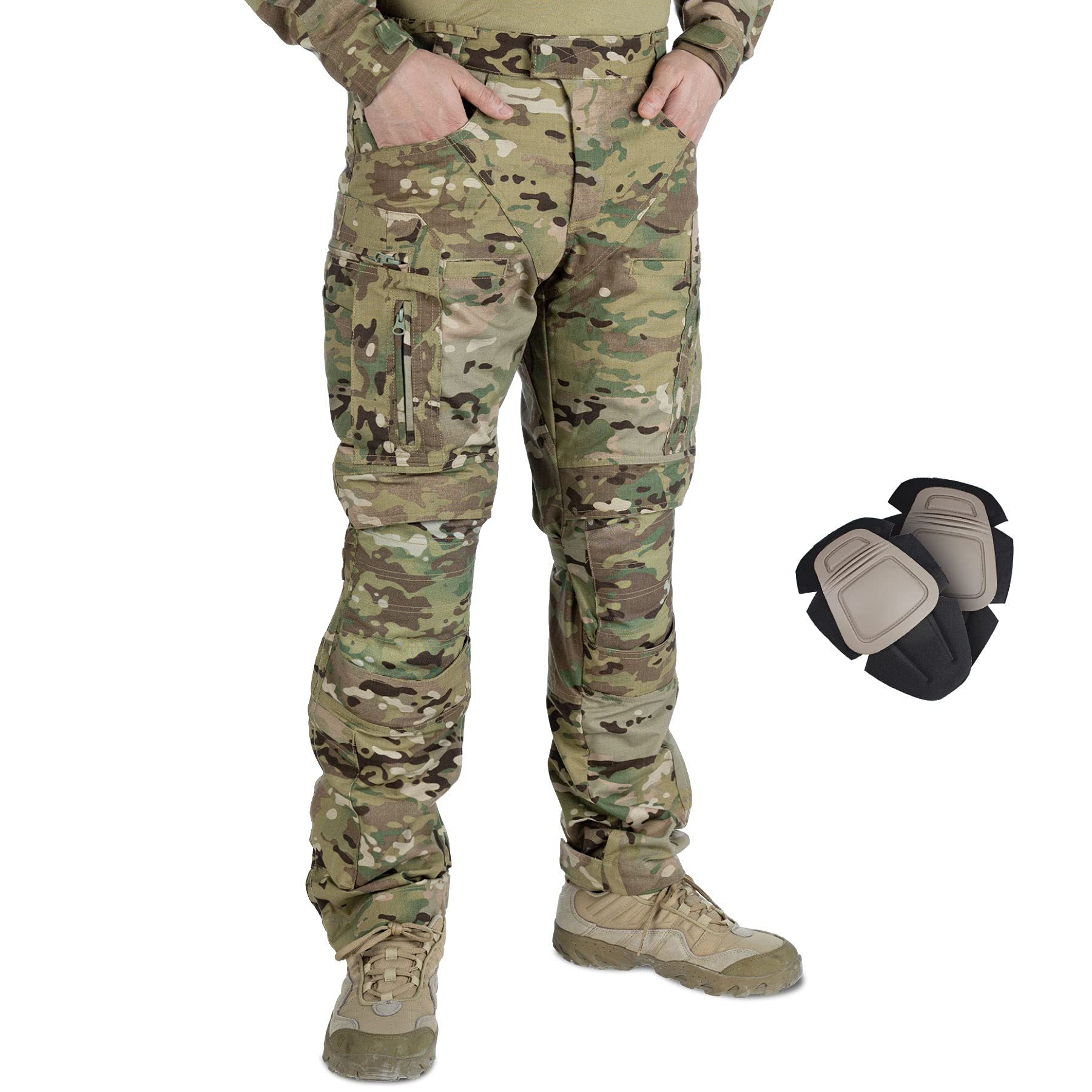 IDOGEAR Tactical Pants for Men Combat Pants with Hidden Knee Pads Military Camo Apparel Ripstop Multi-Pocket Outdoor Trousers （Multi-camo, 36W x 33L）