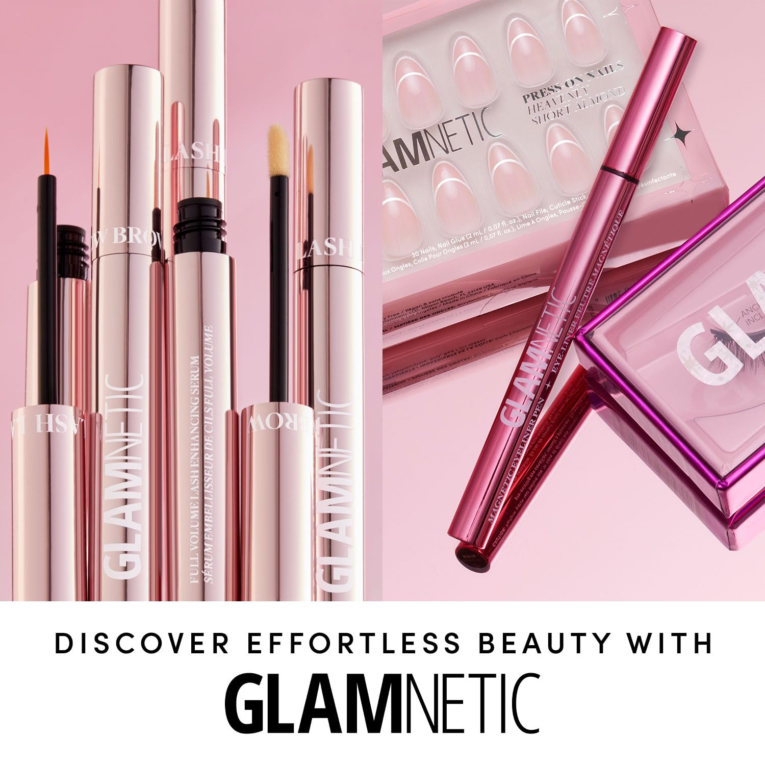 Glamnetic Press On Nails - Rose | Short Almond Rosy-Pink Nails with a Mesmerizing Metallic Finish | 15 Sizes - 30 Nail Kit with Glue