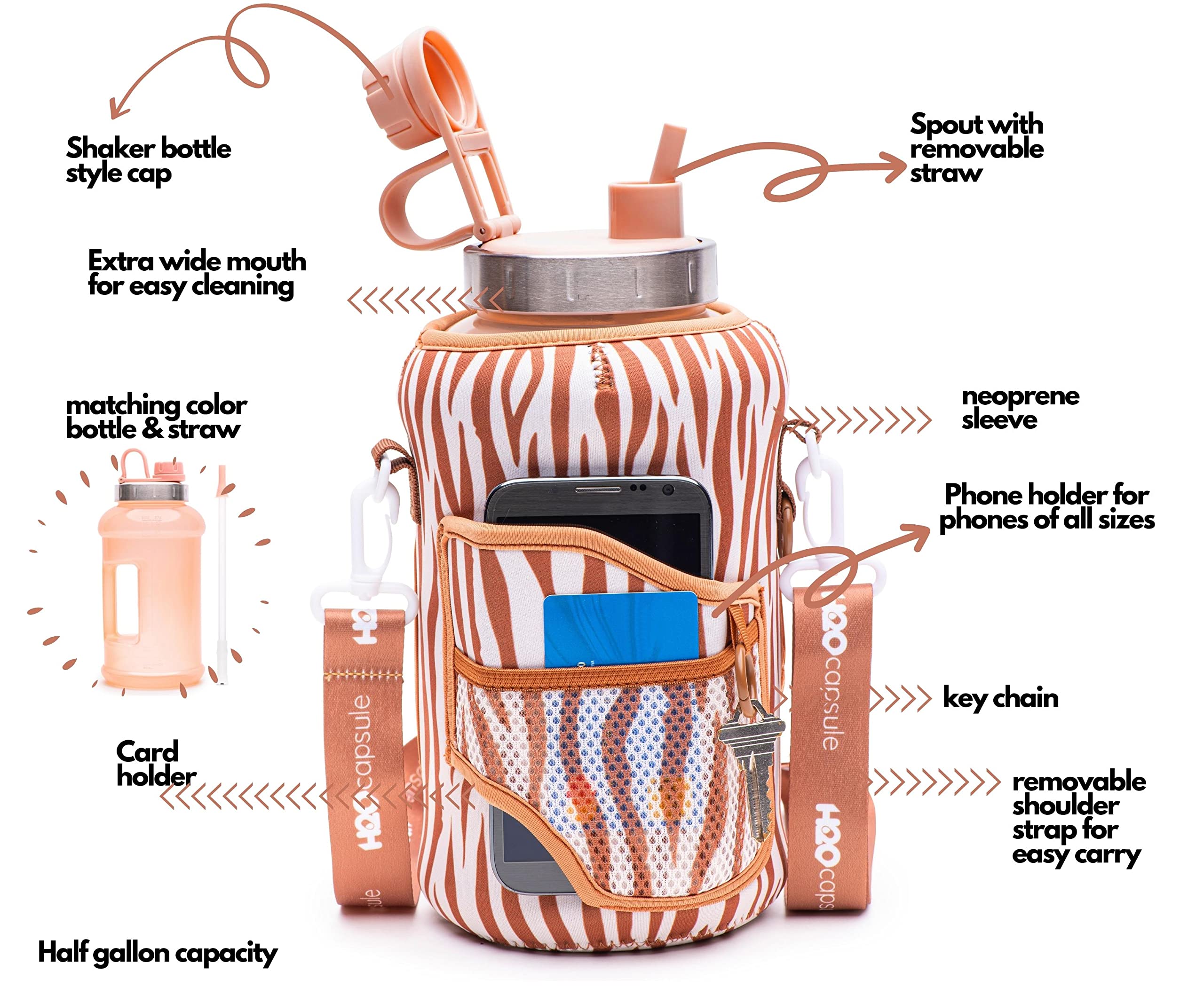 H2O Capsule 2.2L Half Gallon Wide Mouth Water Bottle with Storage Sleeve and Removable Straw - Hydration Tracker Jug with Measurements Marked β Shatterproof BPA-Free, (Libra Zebra)