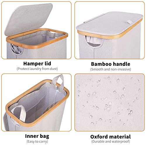 iEGrow 60L Slim Laundry Hamper With Lid, Foldable Clothes Basket with Bamboo Handles and Removable Inner Bag, Light Grey