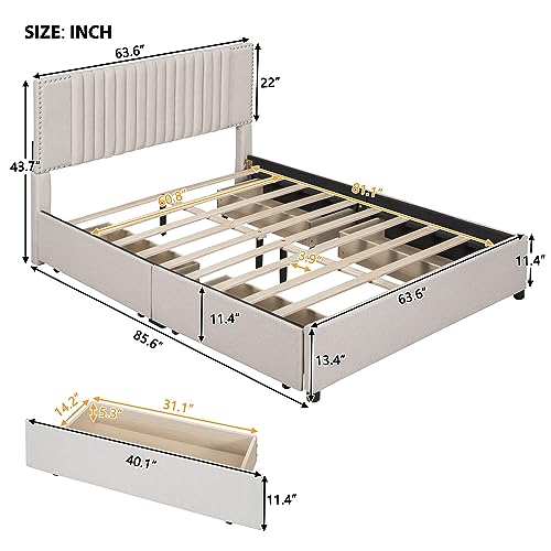 Goohome Queen Size Upholstered Bed Frame with 4 Drawers and Classic Headboard, Linen Platform Storage Bedframe Mattress Foundation, Strong Wooden Slats Support, No Box Spring Needed