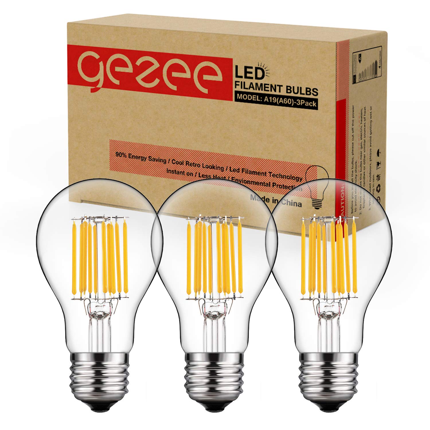 gezee A19(A60) Antique Shape,Dimmable 10W Edison Style Vintage LED Filament Light Bulb, 100W Incandescent Replacement,Warm White 2700K,1000LM, E26 Medium Base Lamp, Clear Glass Cover(3 Pack) …