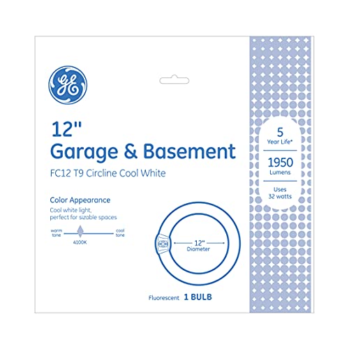 GE Lighting FC12 T9 Garage & Basement Circline Fluorescent Light Bulb, Cool White Finish, 32-Watt, 1950 Lumen, 12-Inch Circular Diameter, 1-Pack