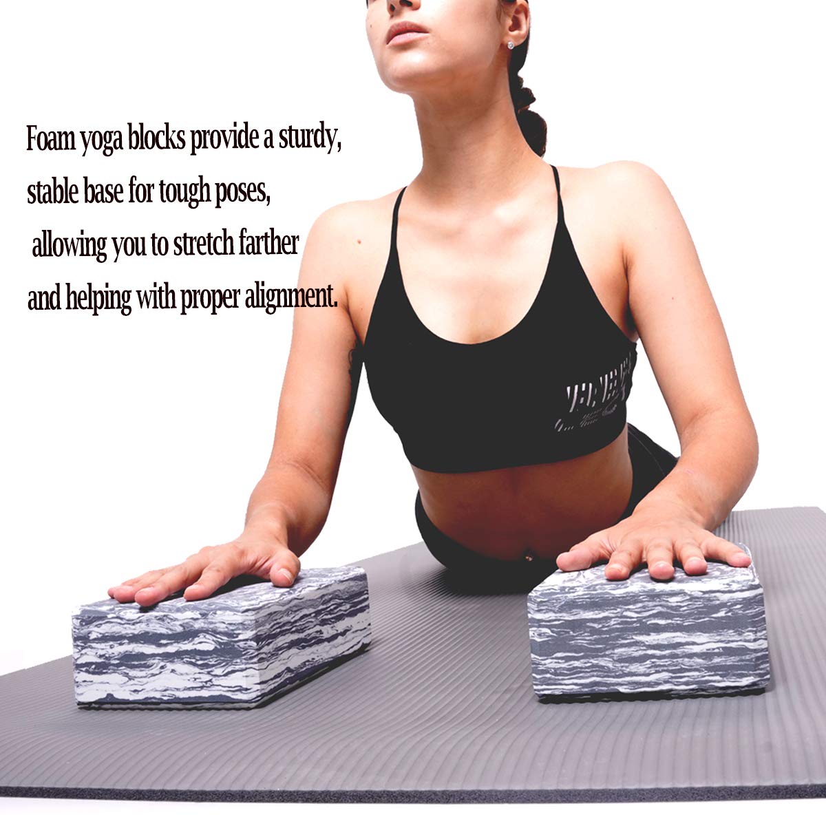 Genric Yoga Block (Set of 2) – Supportive, Soft Non-Slip Foam Surface for Yoga, Pilates, Meditation(Black/Gray/White Marble)
