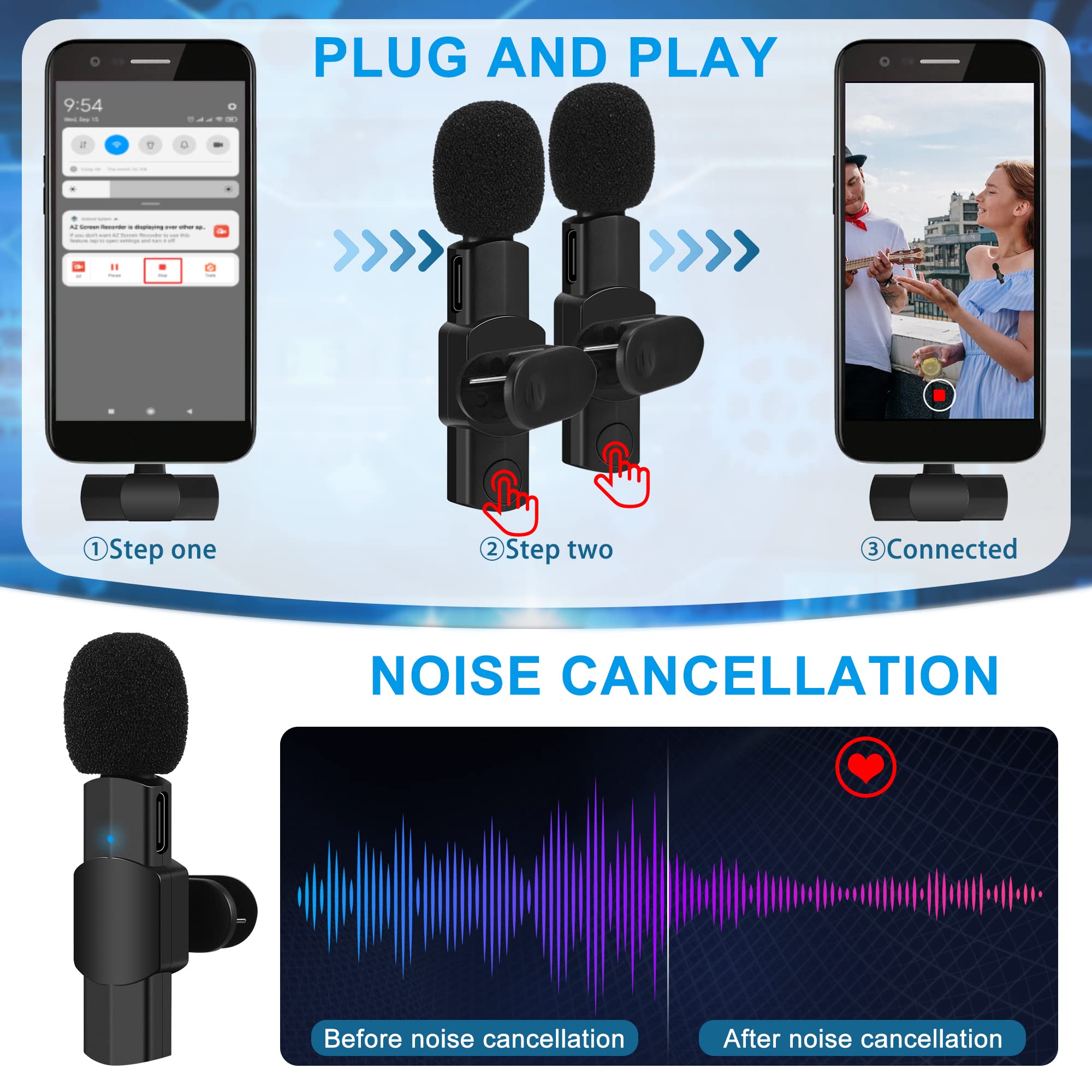GRTPRTS Wireless Microphone for Android/Computer/Laptop, Wireless Lavalier Microphone for Video Recording, Clip On Recording Microphone for PC, Wireless Lapel mic for YouTube Streaming, Facebook Live