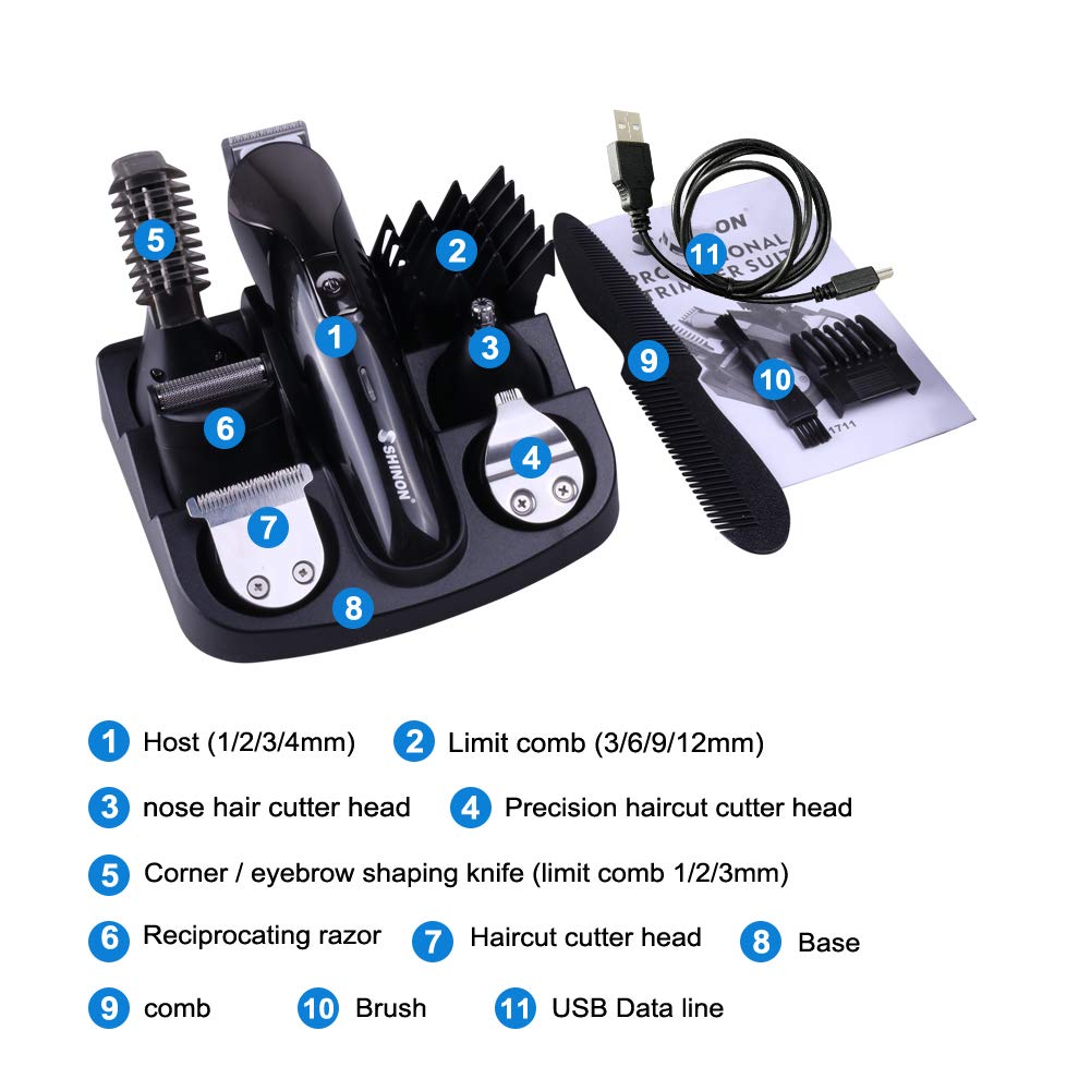 Hair Clipper Beard Trimmer Beard Trimmer Men's Hair Trimmer Hair Trimmer Nose Trimmer Body Groomer Waterproof Multi-Function USB (1711 B) (Deep Black)