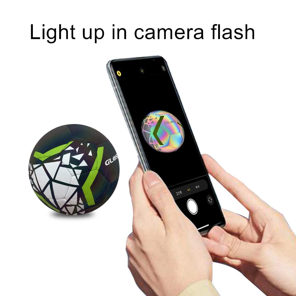 GLOS Glow Reflective Size5 Soft Leather Soccer Ball-Light Up in Camera Flash,for Adults. (Neon, Size 5)