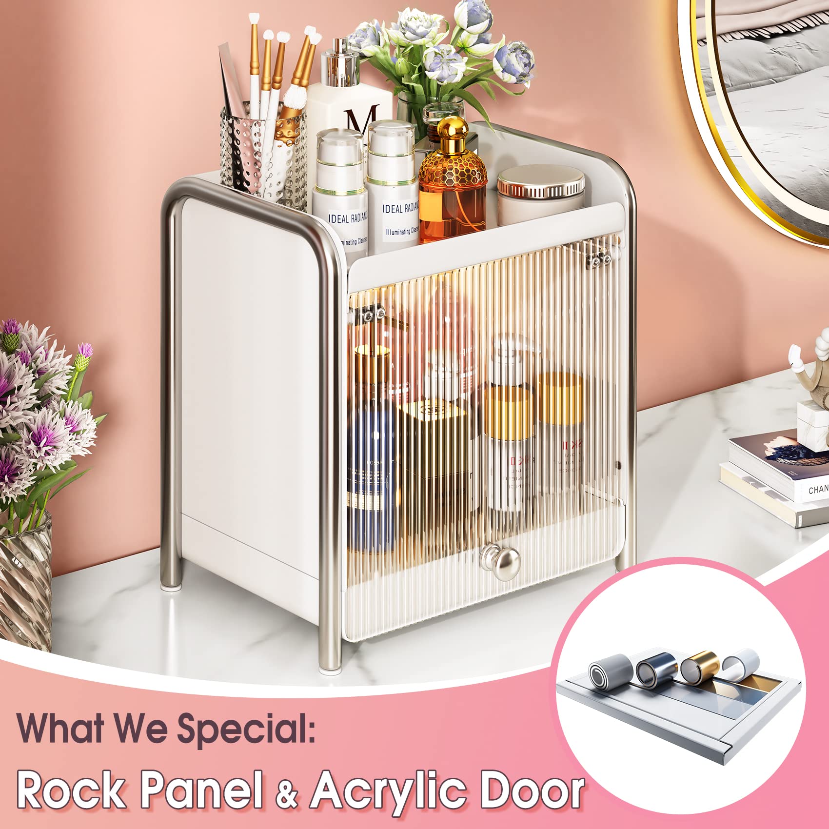 Makeup Organizer, Metal Cosmetic Display Case with Half-Clear Acrylic Door and Pull-Out Drawer, White