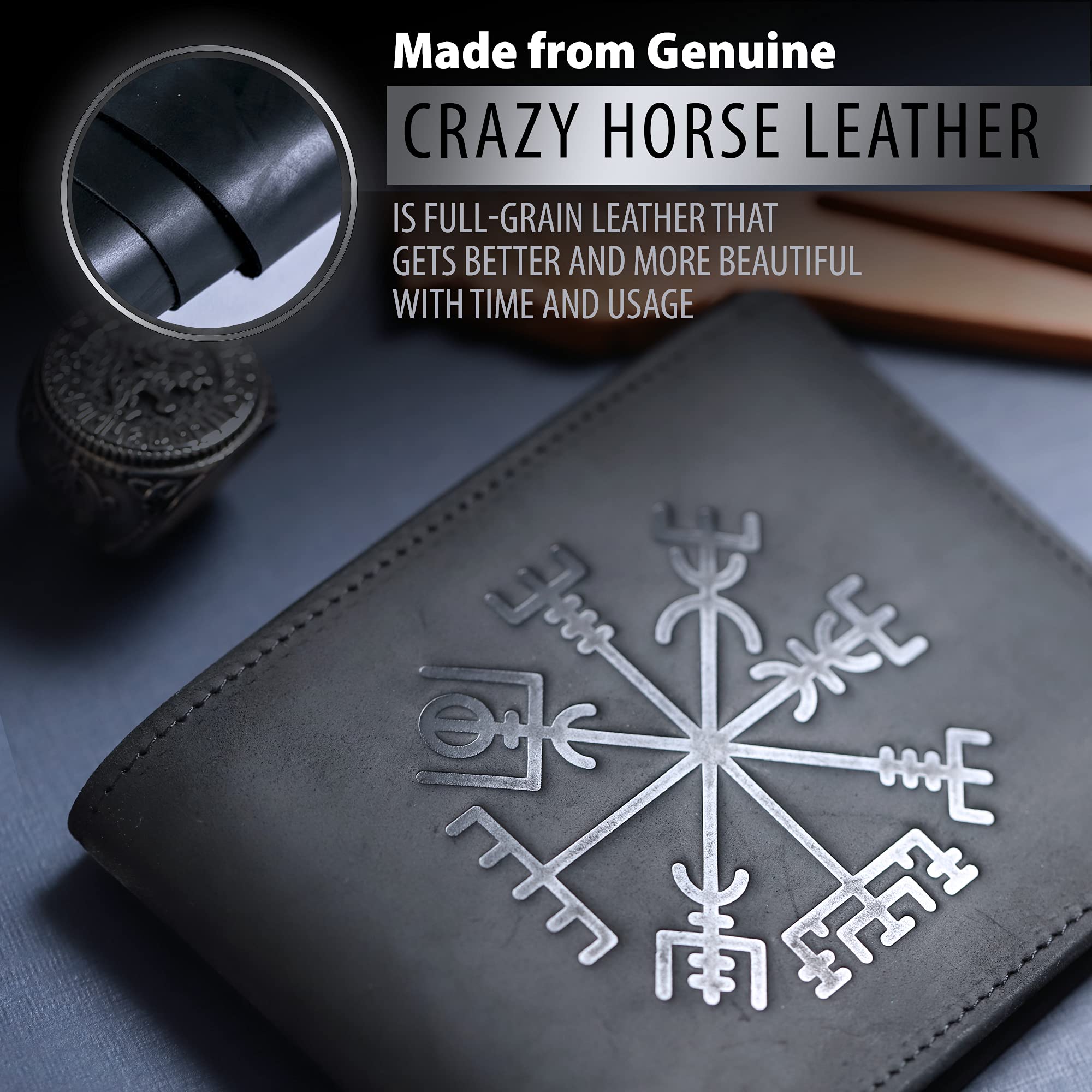 Genuine Crazy Horse Leather Wallet – Viking Vegvisir Engraved Black Bifold Wallet – RFID Blocking Runic Compass Signpost Design Leather Wallet for Protection, Fits Up to 10 Cards