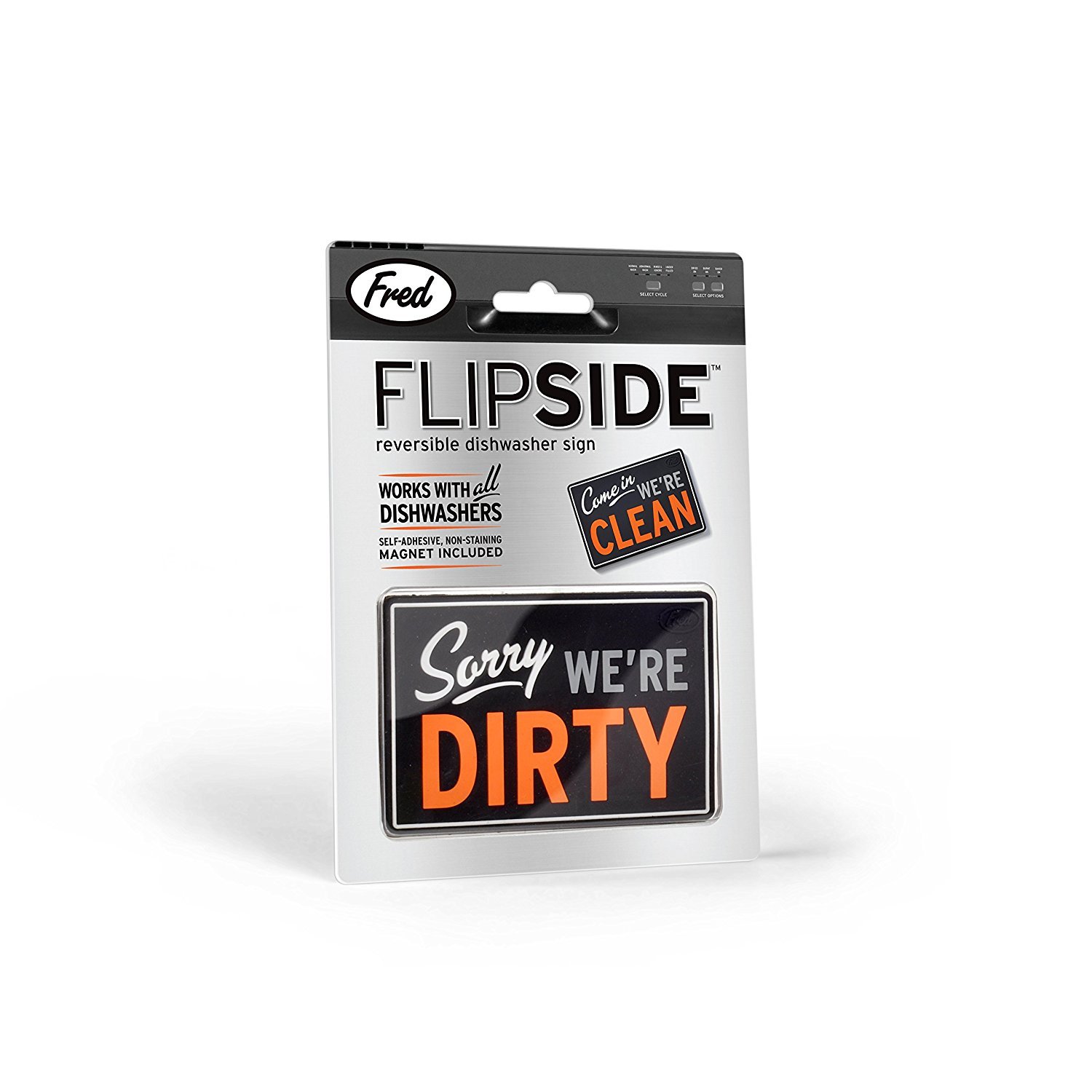 Genuine Fred FLIPSIDE Dishwasher Sign, Double-Sided, Works on all ALL Dishwashers, Self-Adhesive Magnet Included, Durable & Water Resistant, Fun Kitchen Gadget for Families and Roommates, 2.5" x 3.5"