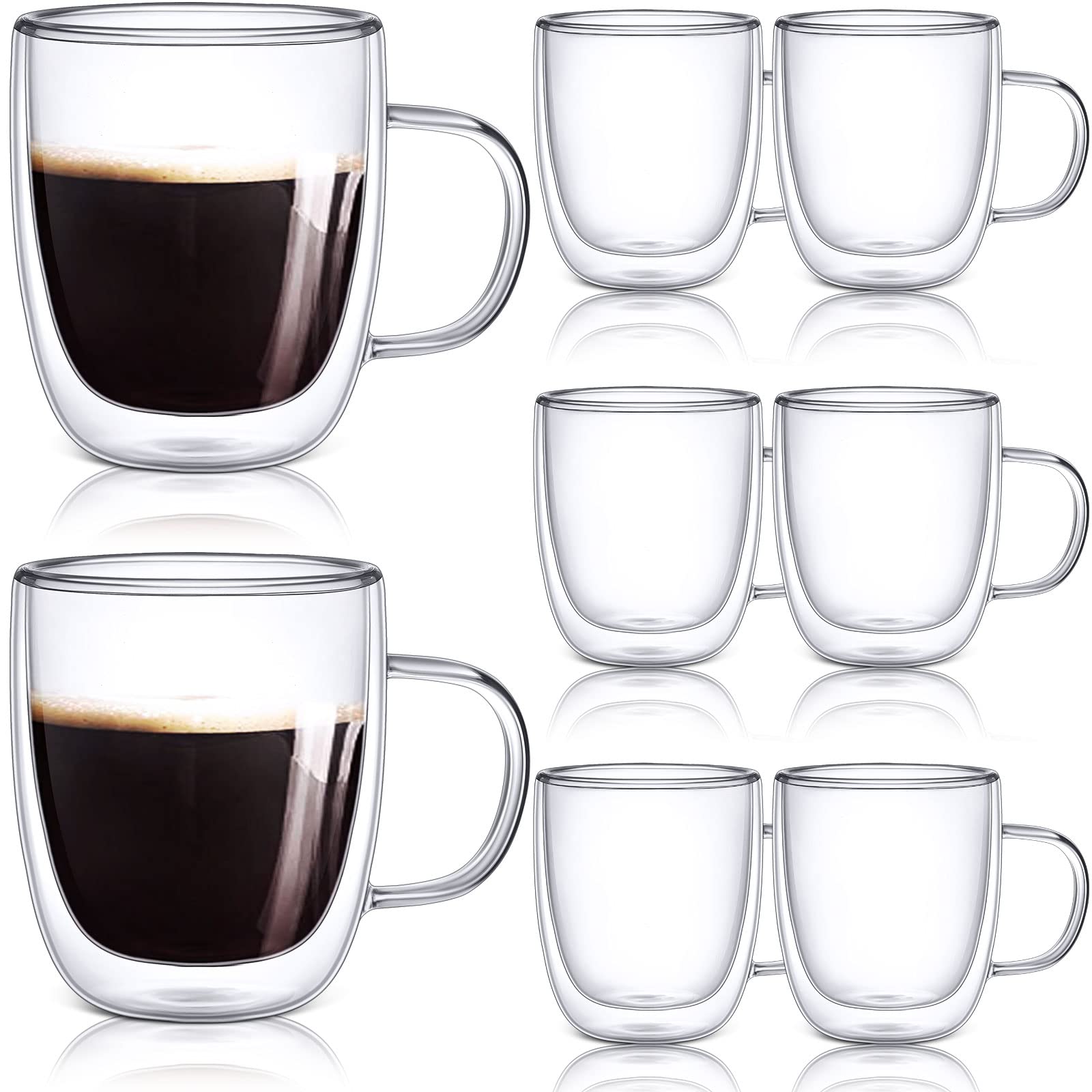 Gerrii 8 Pack 13.5 oz Double Walled Glass Coffee Mugs with Handle, Clear Glass Coffee Mugs Insulated Layer Coffee Cups Espresso Mug Cups for Cafe Latte Cappuccino Tea